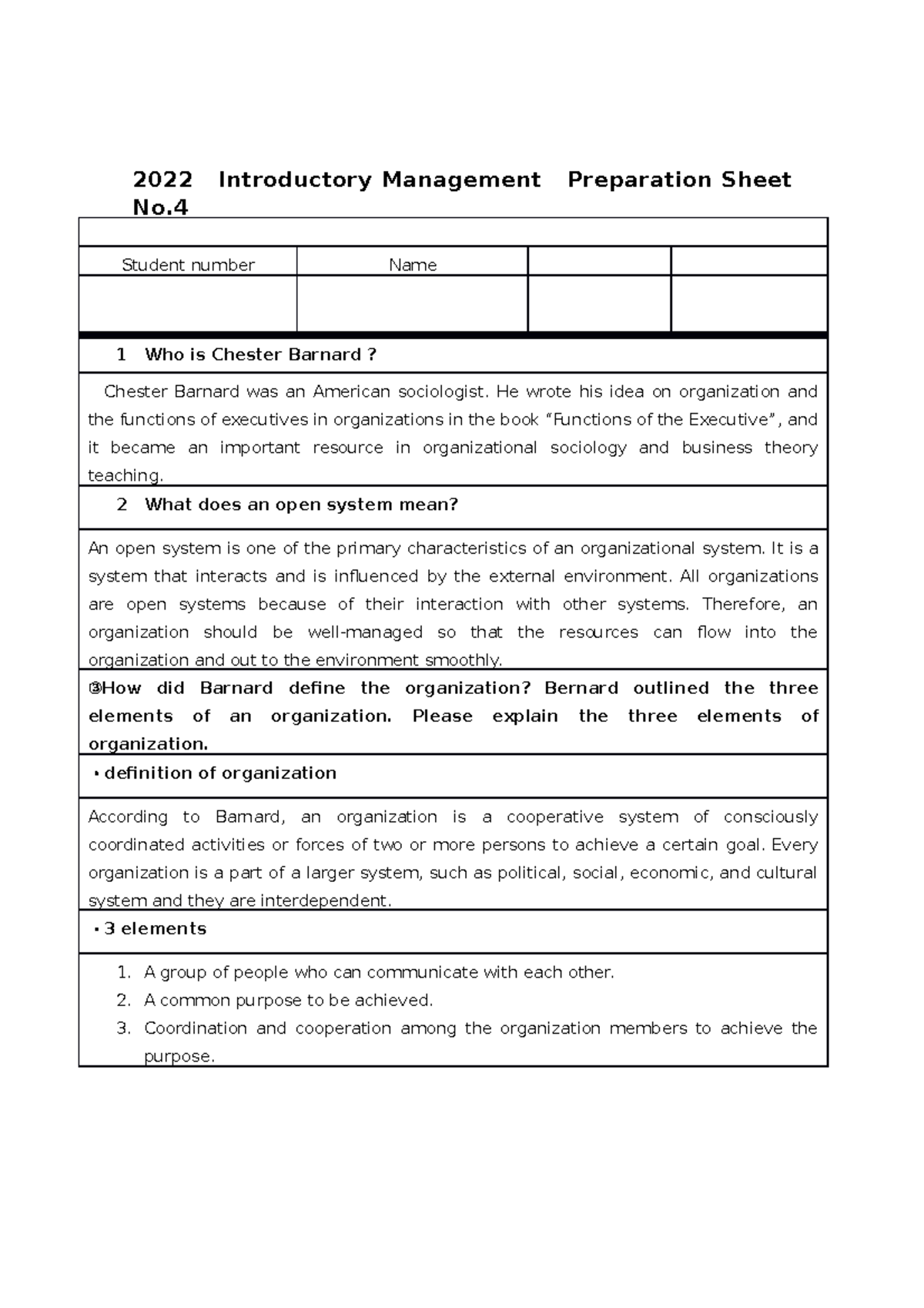 Preparation sheet 4 - 2022 Introductory Management Preparation Sheet No ...