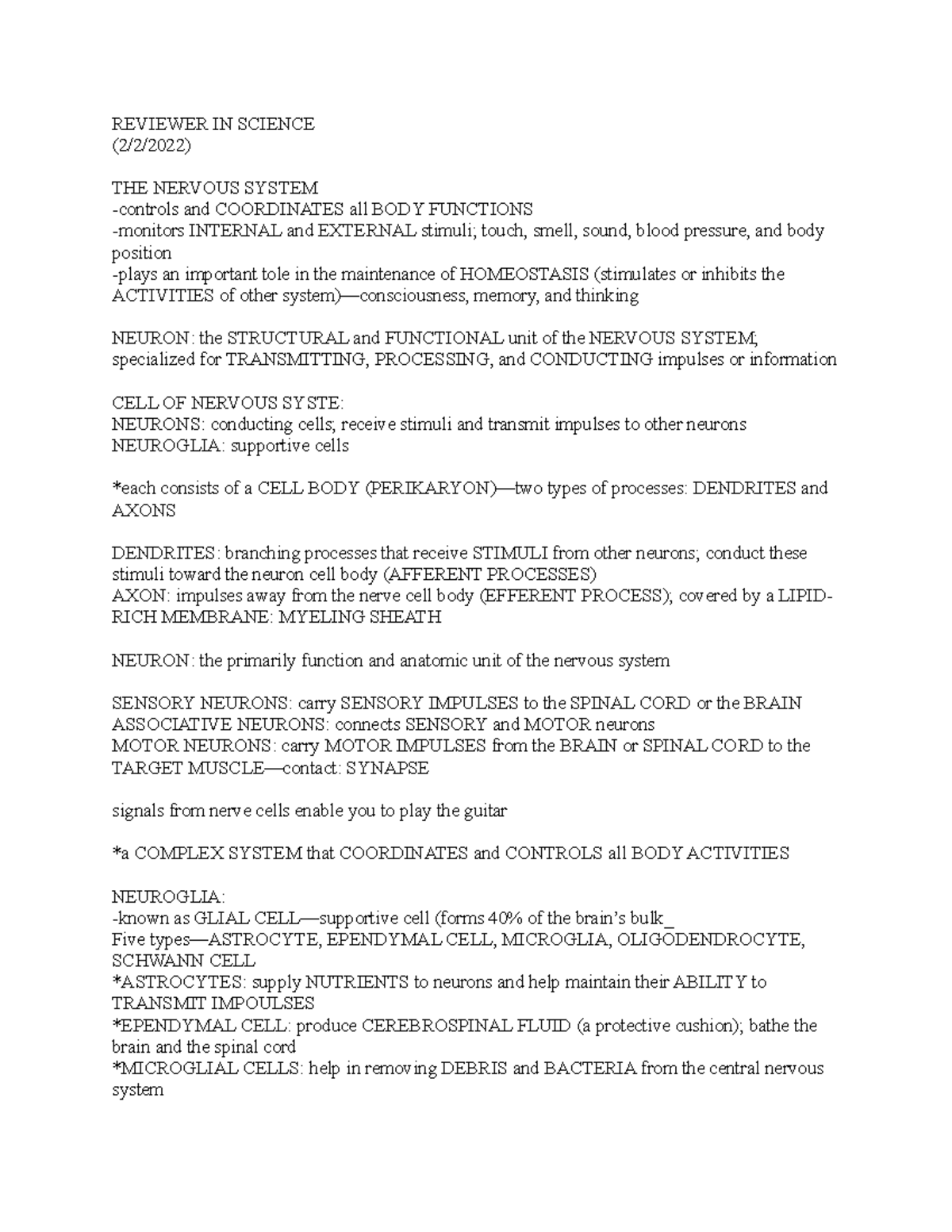 Science-reviewer-hehe - REVIEWER IN SCIENCE (2/2/2022) THE NERVOUS ...