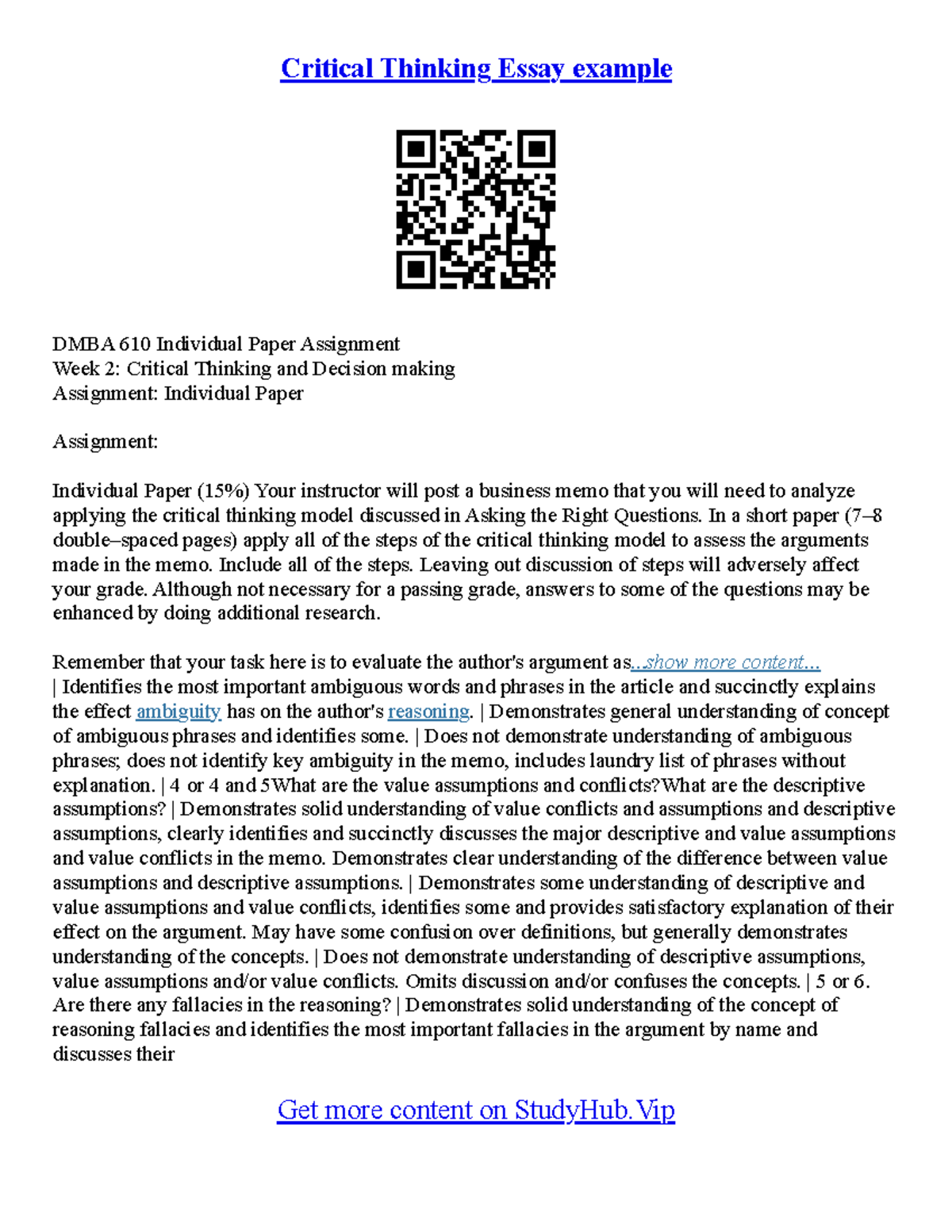 Critical Thinking Essay - In a short paper (7– double–spaced pages ...