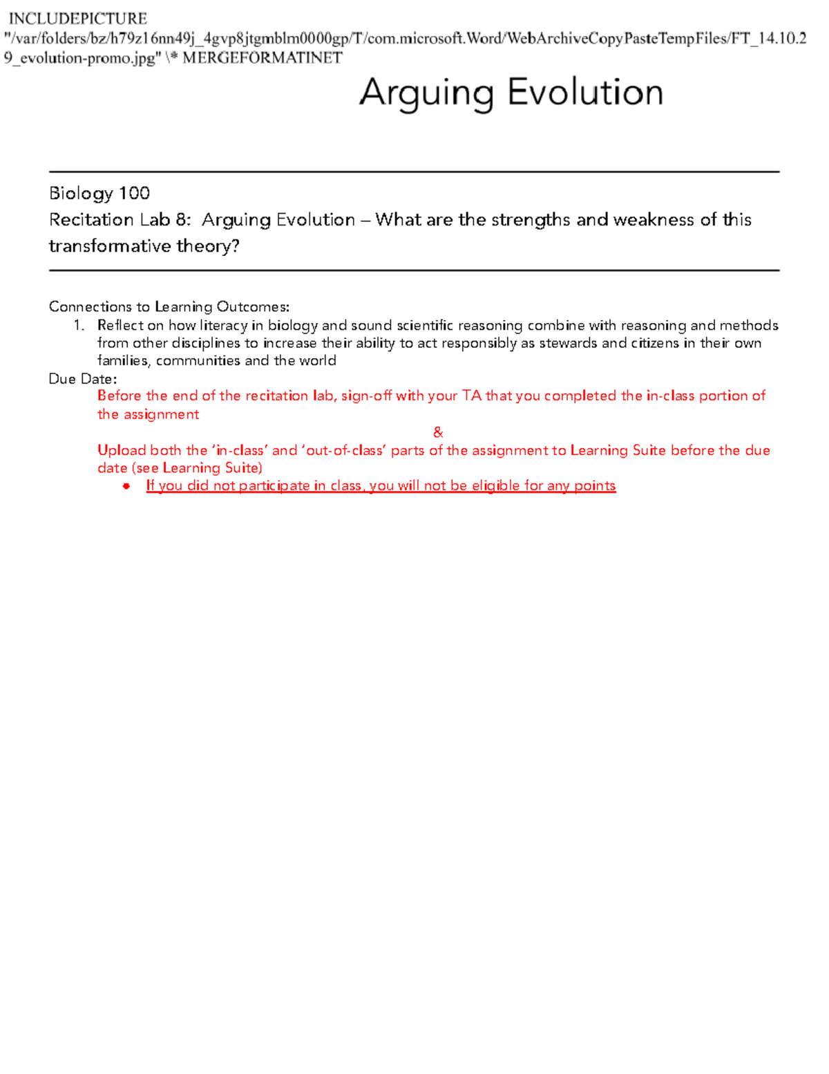 8 arguing evolution - biology - Biology 100 Recitation Lab 8: Arguing ...
