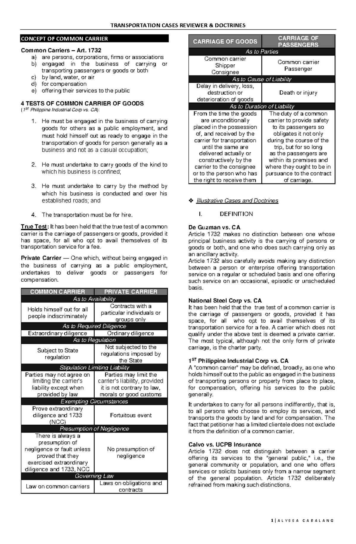 Transportation Cases Reviewer and Doctri - TRANSPORTATION CASES ...