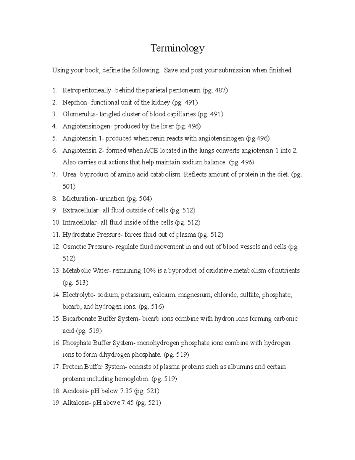 Terminology chapter 17-18 urinary system and water - acid base ...