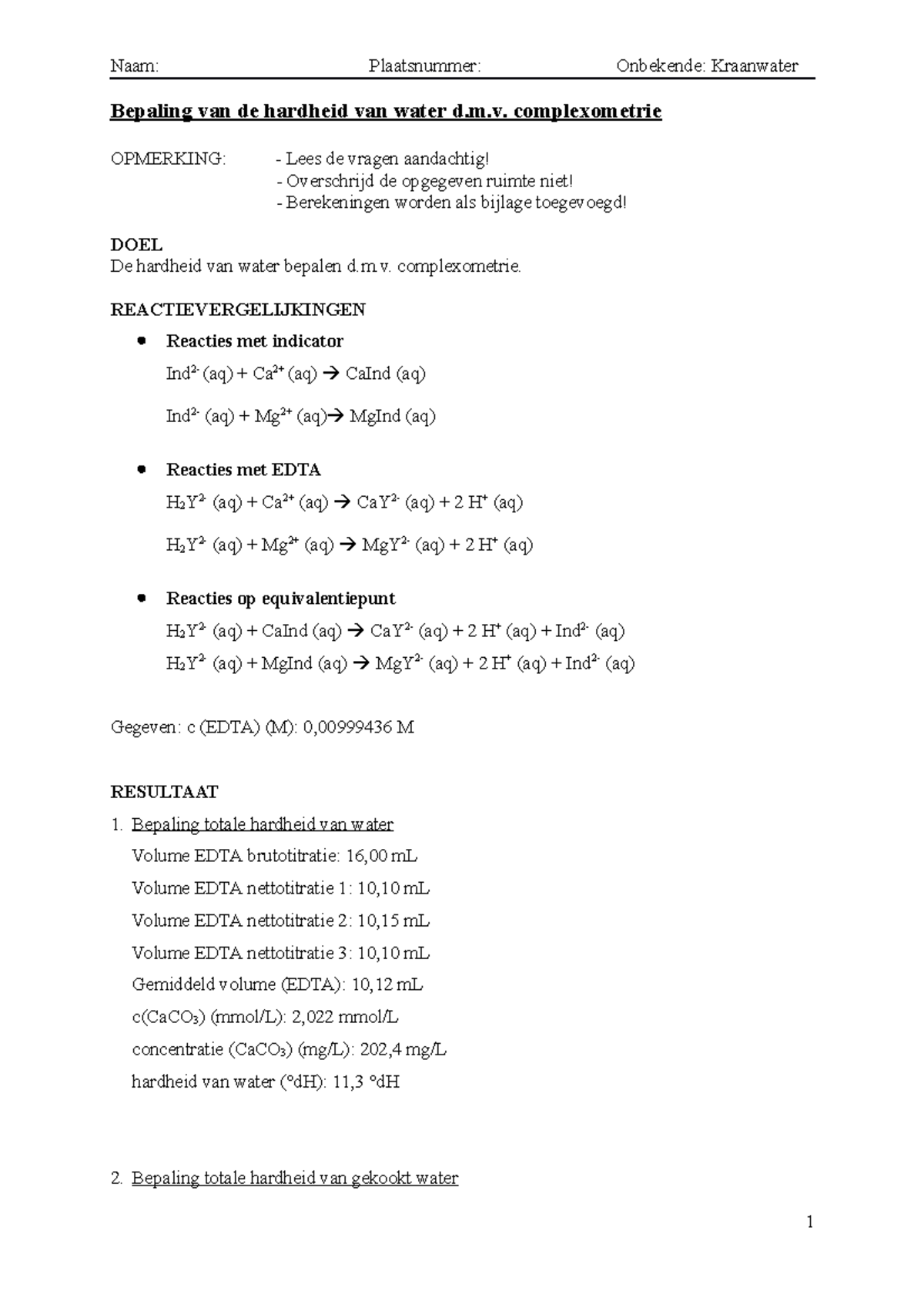 Analyse 1 hardheid water - Bepaling van de hardheid van water d.m ...