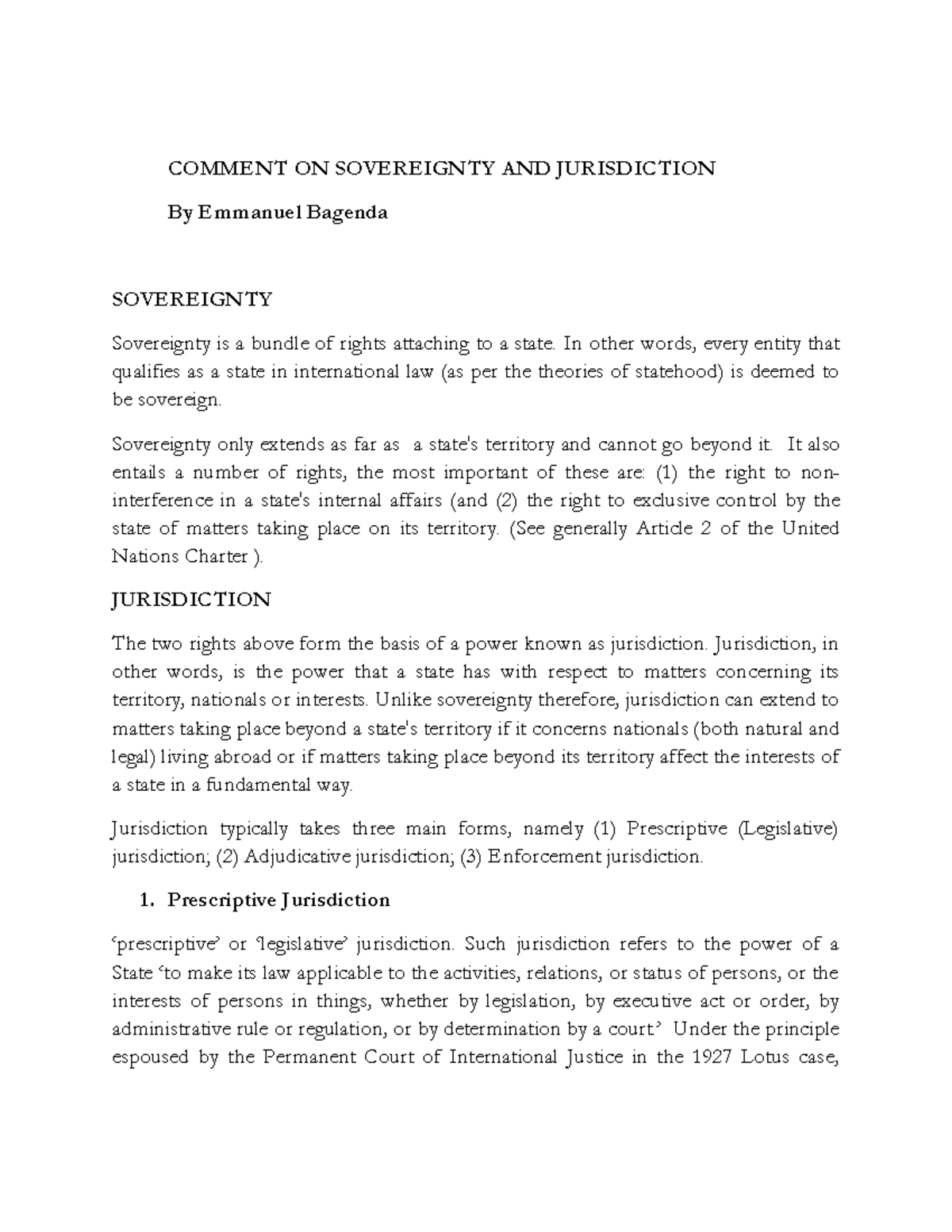 Sovereignty notes - COMMENT ON SOVEREIGNTY AND JURISDICTION By Emmanuel ...