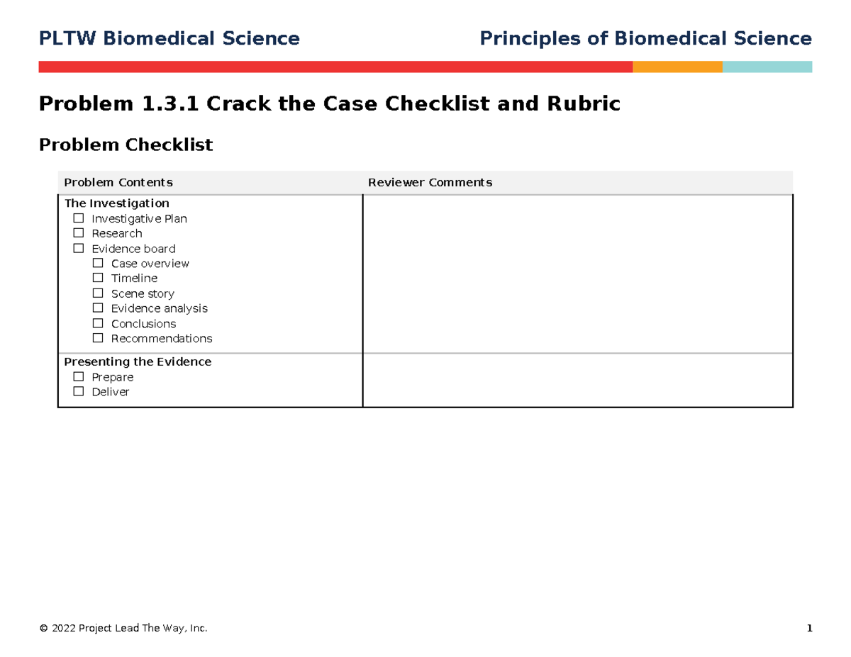 Pbs 131 SV Crack The Case Rubric - Problem 1.3 Crack the Case Checklist ...