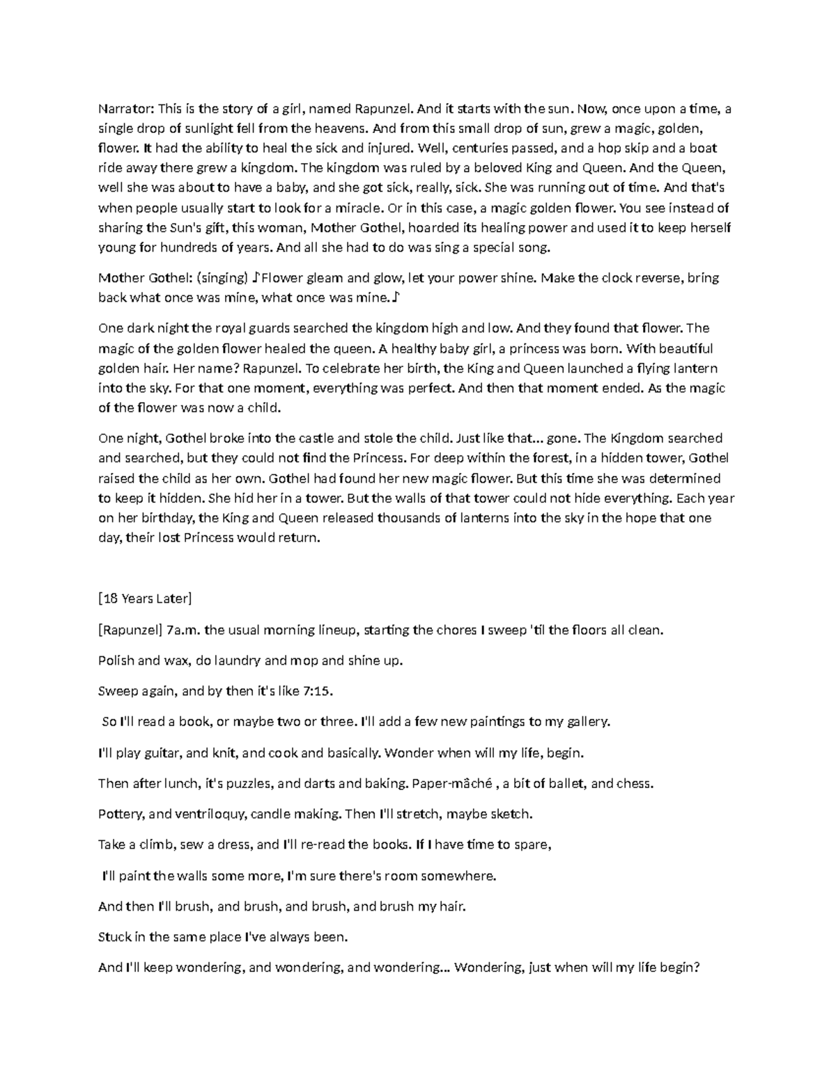 Rapunzel Script - SKIT - Narrator: This is the story of a girl, named ...