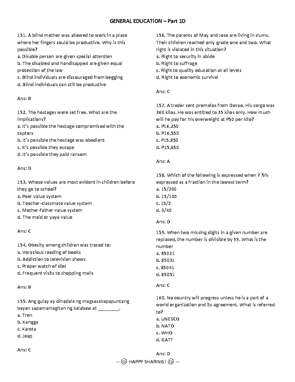 General Education Part 1D GENERAL EDUCATION Part 1D A Blind