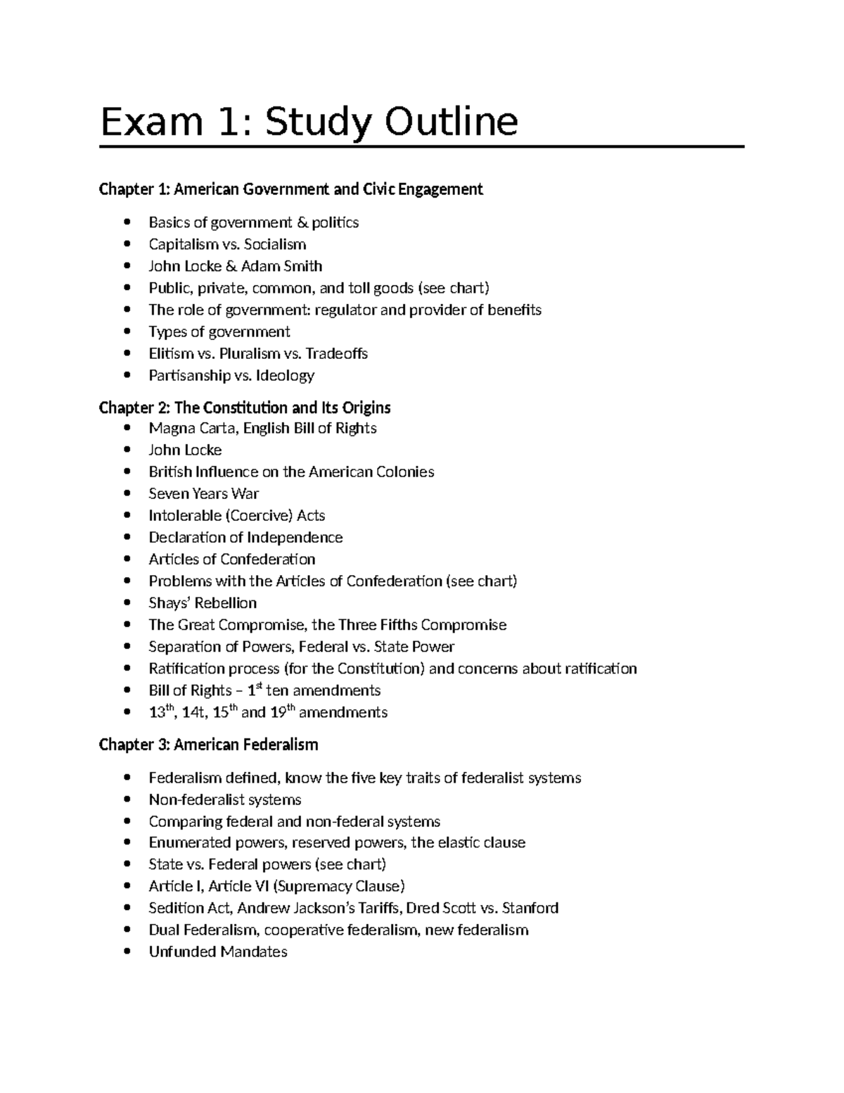 Exam 1 - Study Outline - Exam 1: Study Outline Chapter 1: American ...