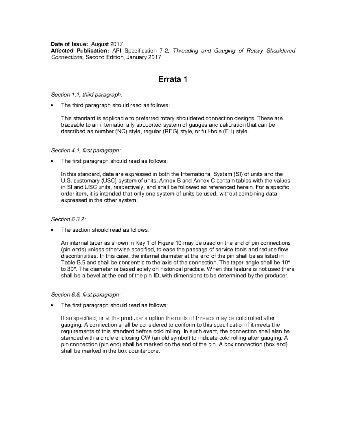 7-2 e2 Errata 1 - Norma API spec 7 - Date of Issue: August 2017 Affected Publication: API - Studocu