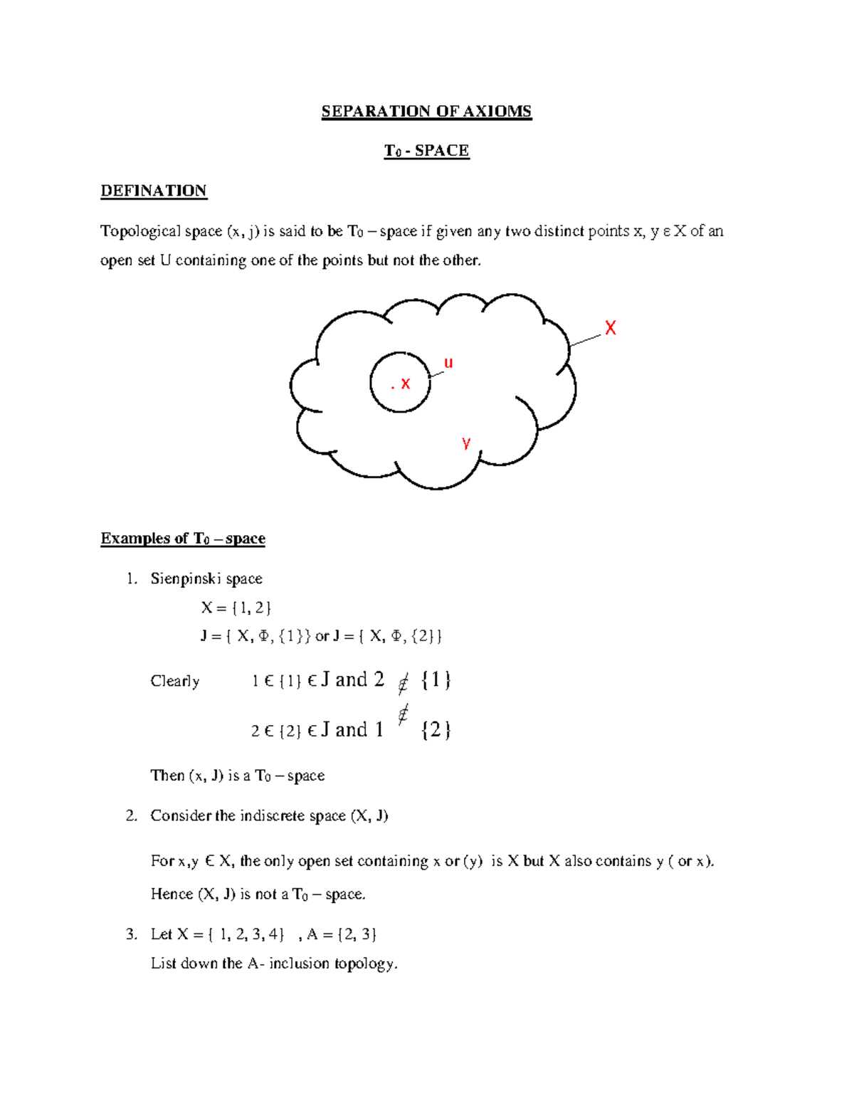 Topology NOTE FULL 1 - SEPARATION OF AXIOMS T 0 - SPACE DEFINATION ...