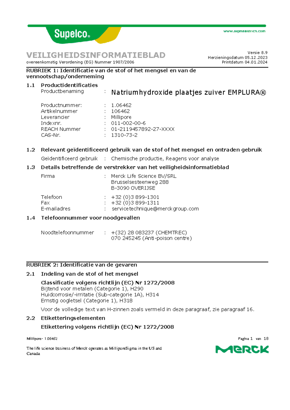 SDS N32 natriumhydroxide - Millipore- 1 Pagina 1 van 18 The life ...