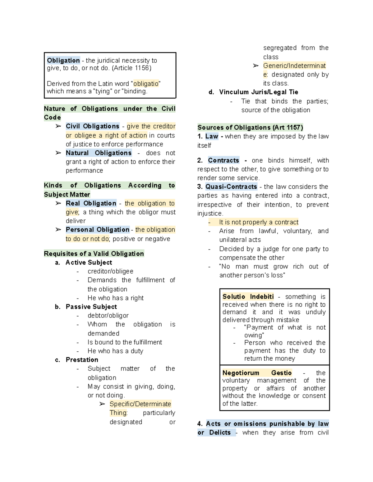 Obligations and Contracts Notes - Obligation - the juridical necessity ...