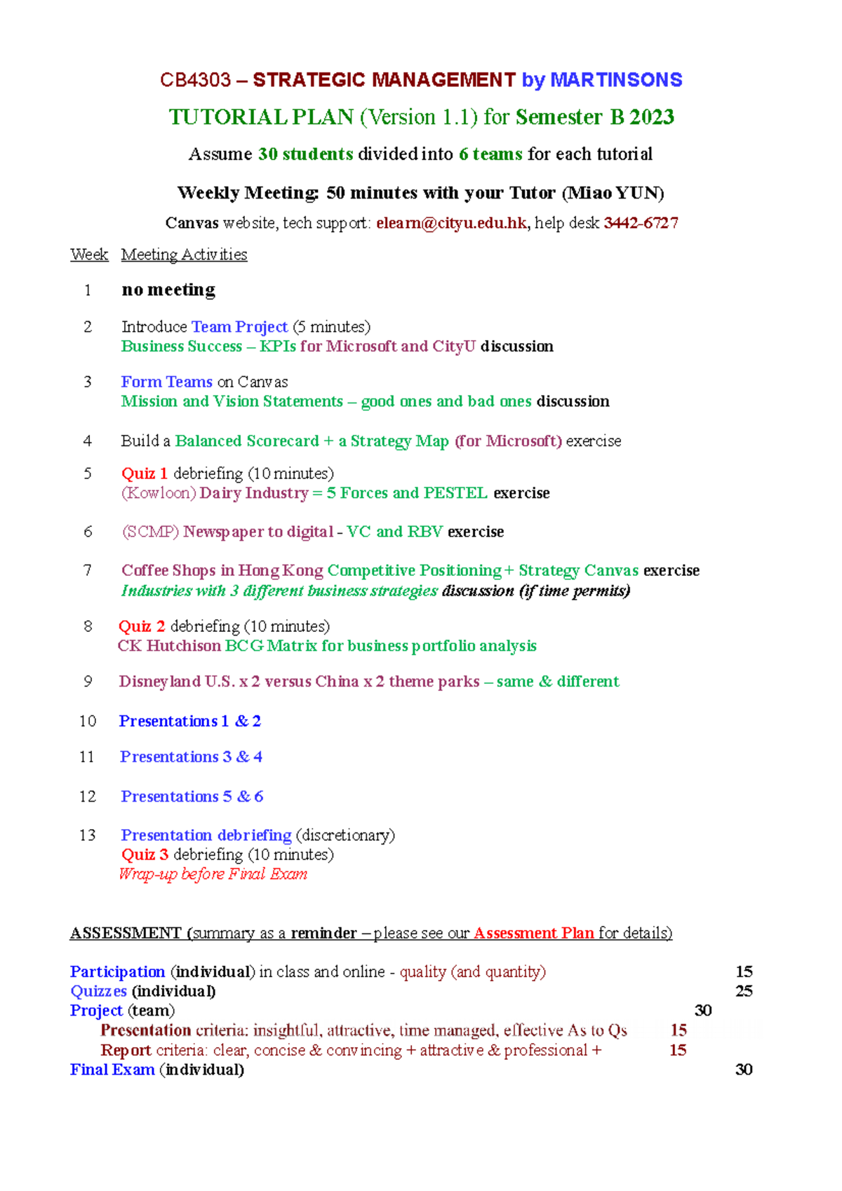 CB4303 Tutorial Plan 2023 v1 - CB4303 – STRATEGIC MANAGEMENT by ...