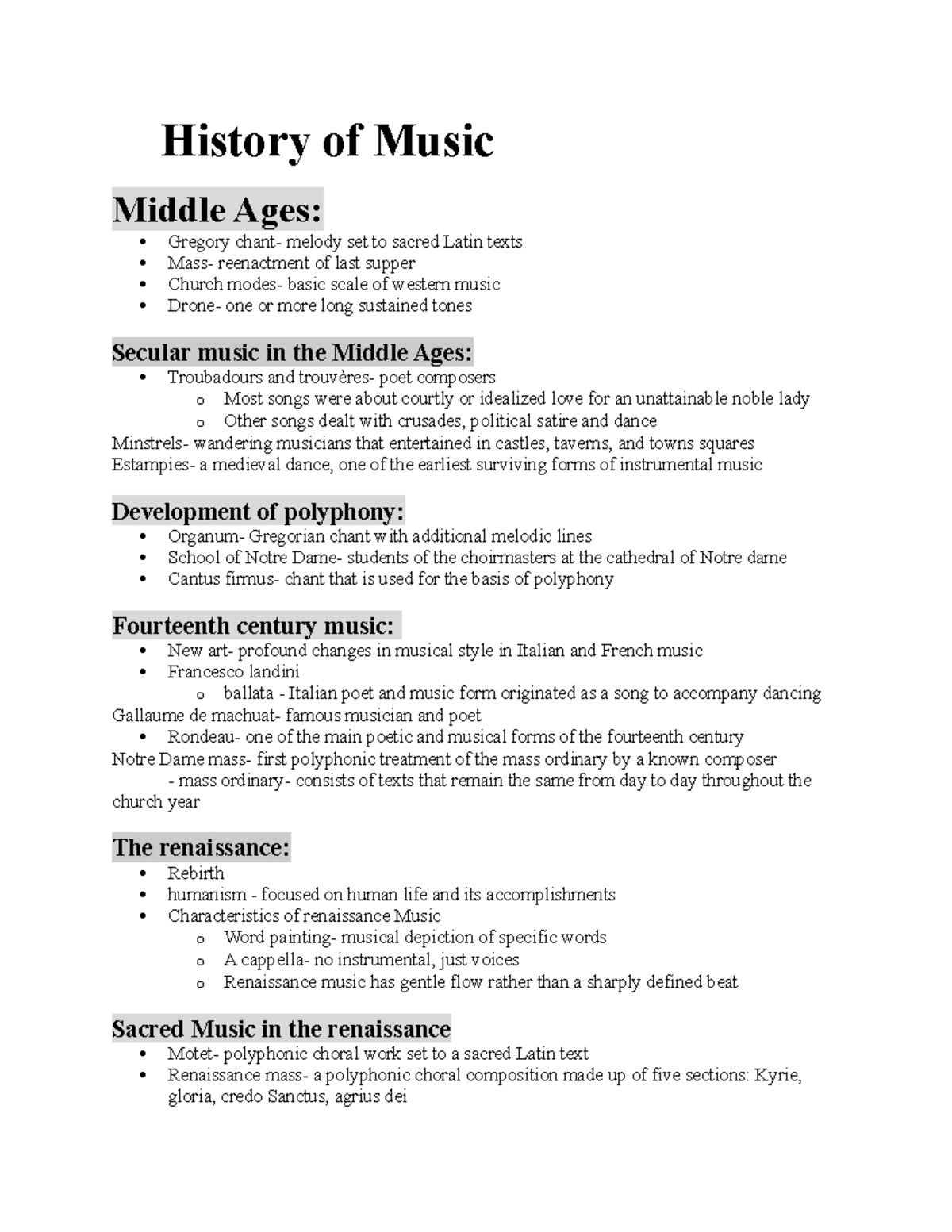 Week 1-3 notes - History of Music Middle Ages: Gregory chant- melody ...