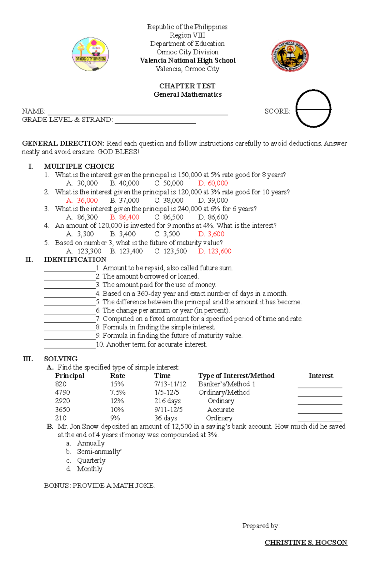 Chapter Test (Simple and Compound Interest) Gen Math - Republic of the ...