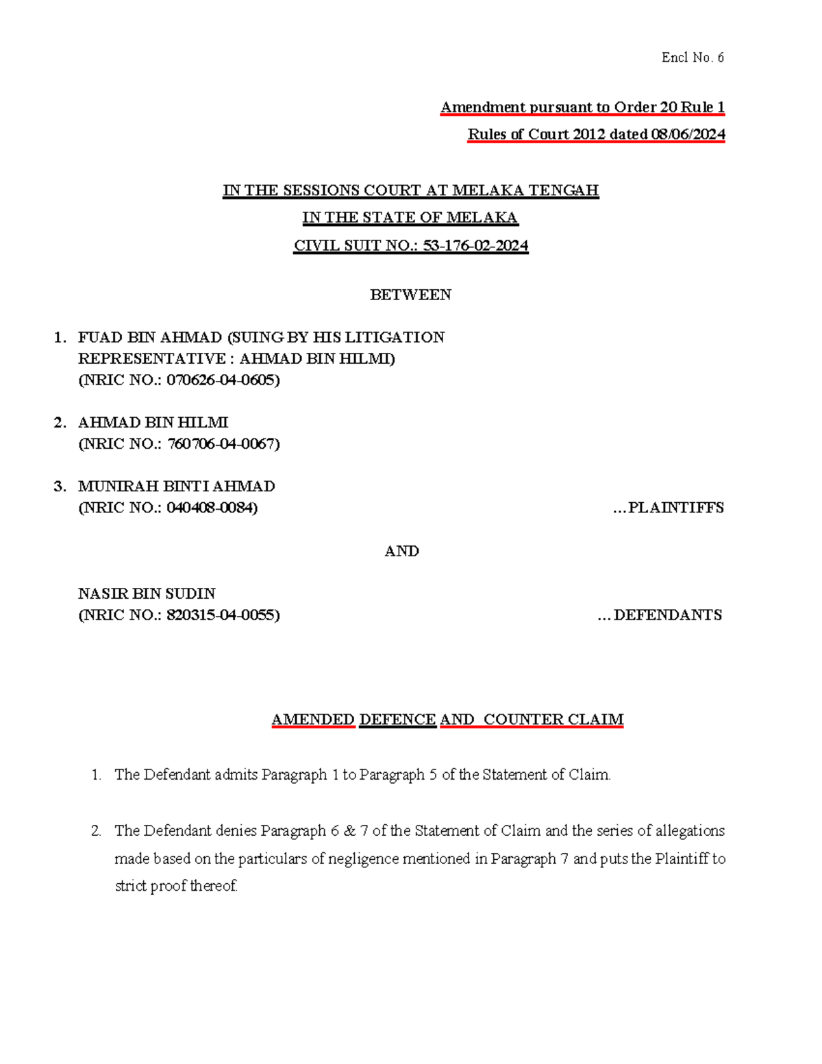 Statement of defense .docx amended - Encl No. 6 Amendment pursuant to ...