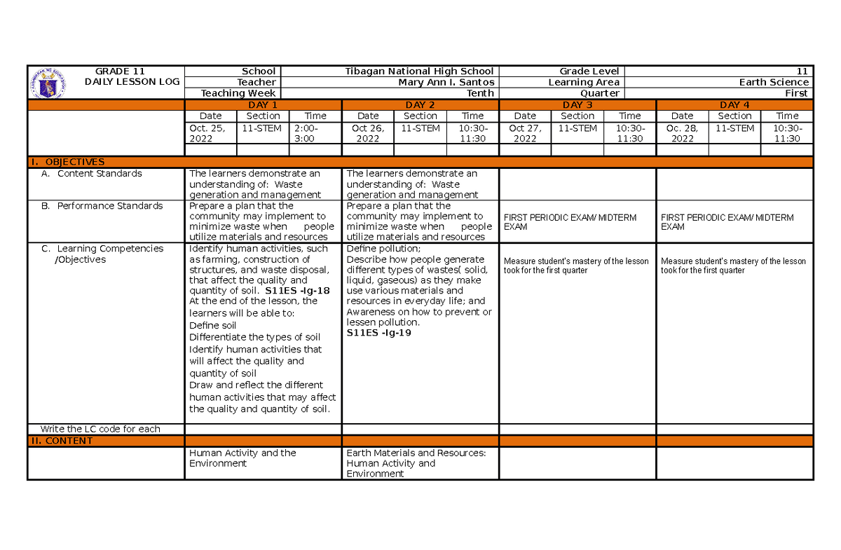 ES 8TH WEEK DLL - lesson plan - GRADE 11 DAILY LESSON LOG School ...