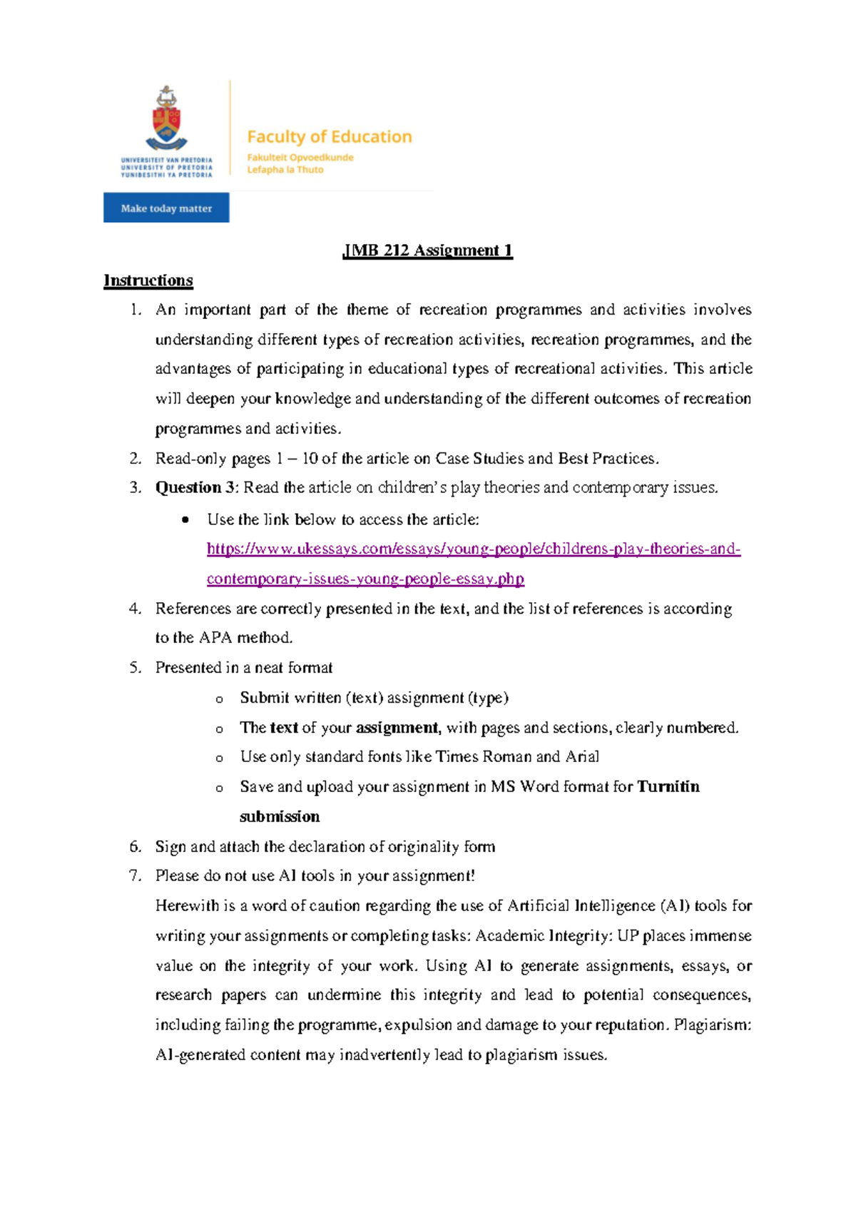 JMB 212 Assignment 1 - JMB 212 Assignment 1 Instructions 1. An ...