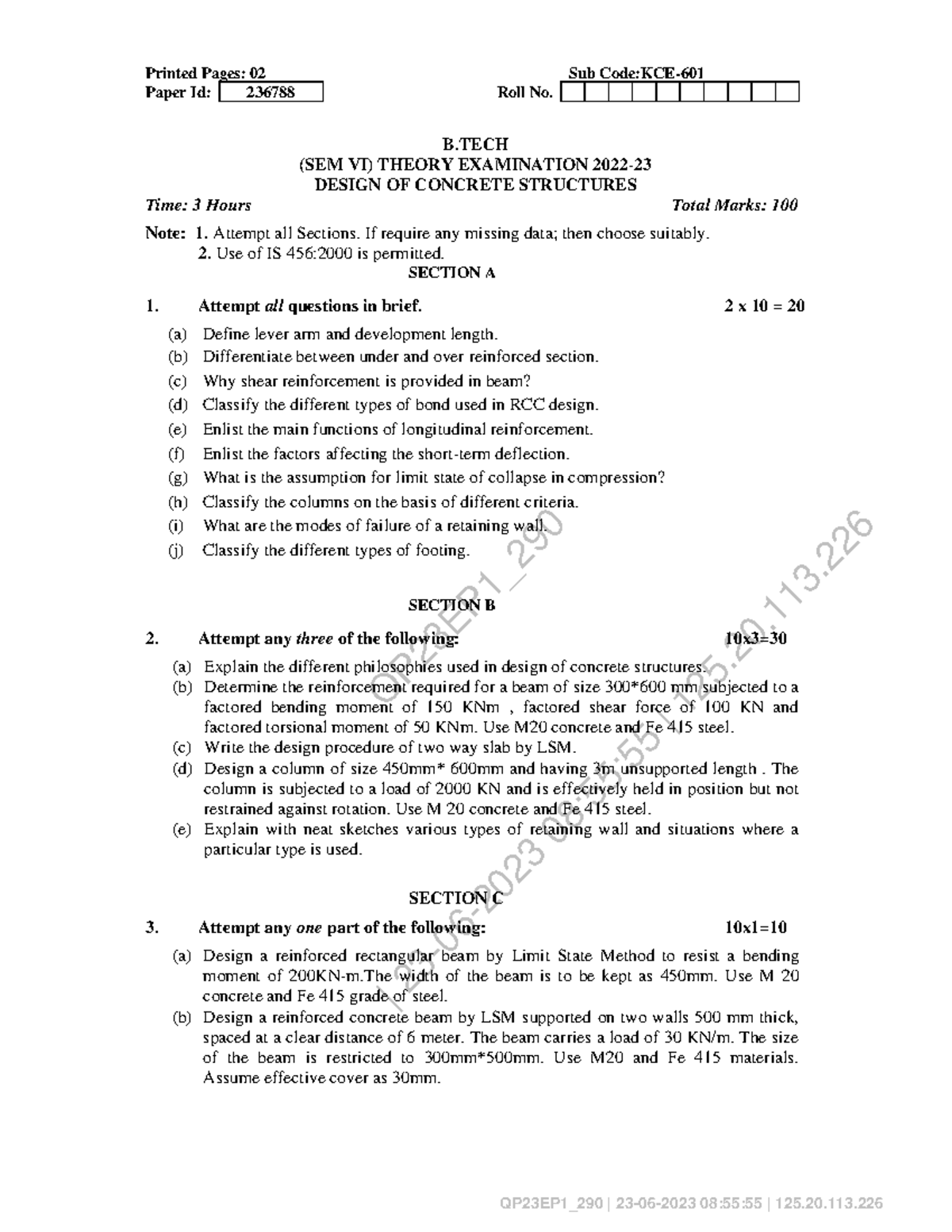 Btech ce 6 sem design of concrete structures kce 601 2023 - QP23EP1 ...