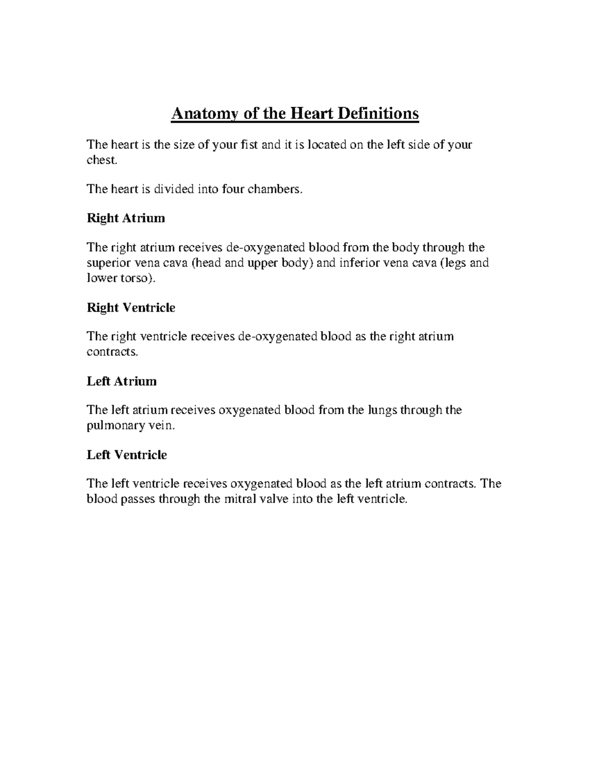 Anatomy of Heart Definitions - Anatomy of the Heart Definitions The ...