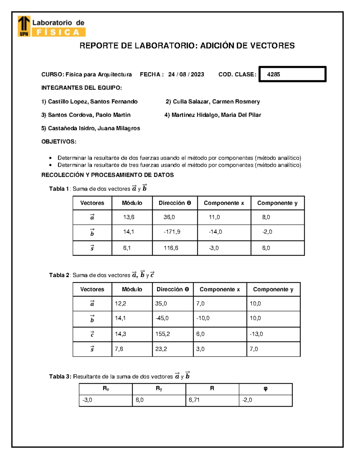 Reporte LAB Fisica ARQ S02 - REPORTE DE LABORATORIO: ADICIÓN DE VECTORES CURSO: Física para ...