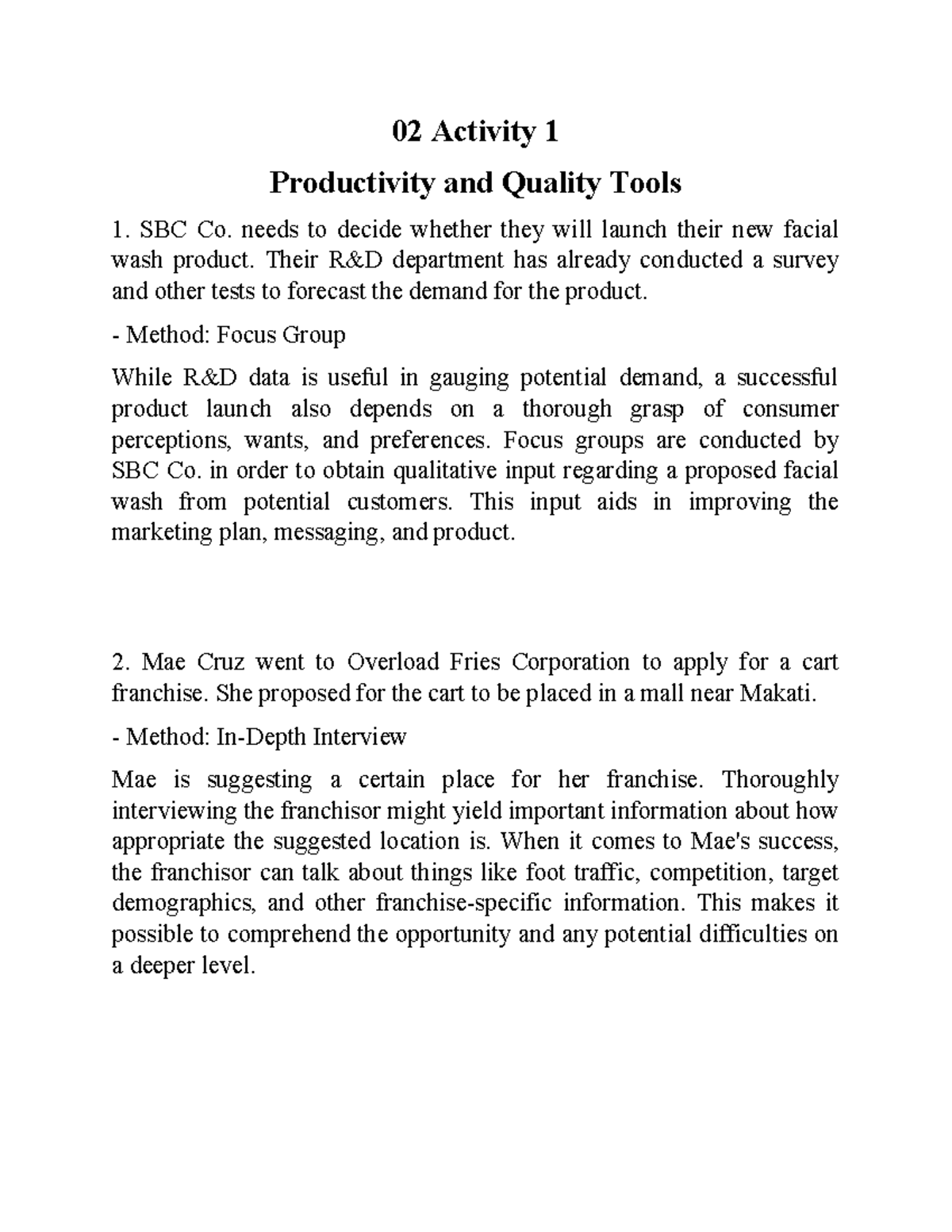 02 Activity 1 - assignment - 02 Activity 1 Productivity and Quality ...