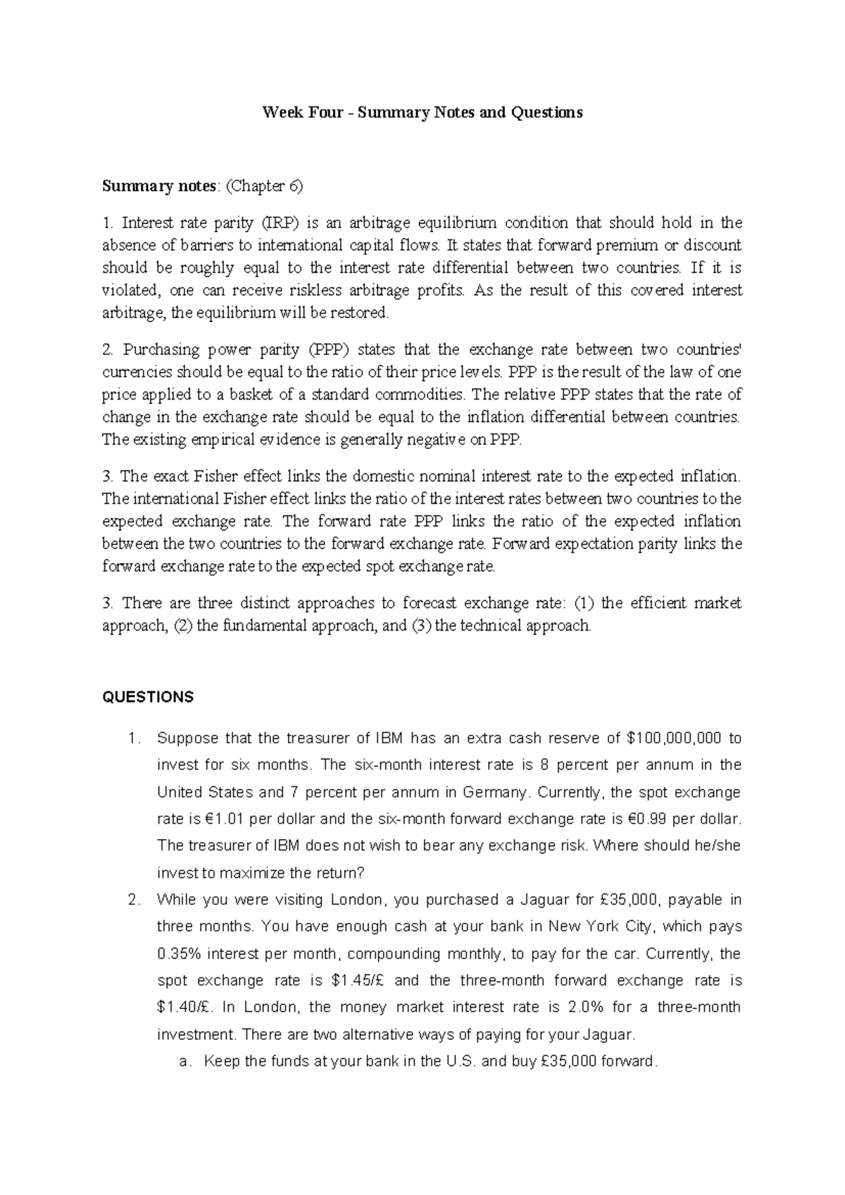 Week 4 - tutorial question - Week Four - Summary Notes and Questions ...
