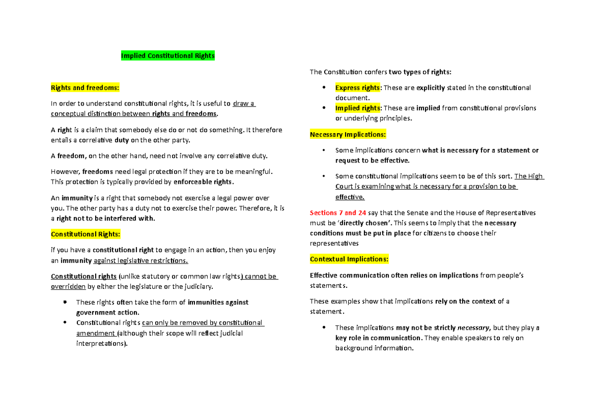 Implied Constitutional Rights - Implied Consituional Rights Rights and ...