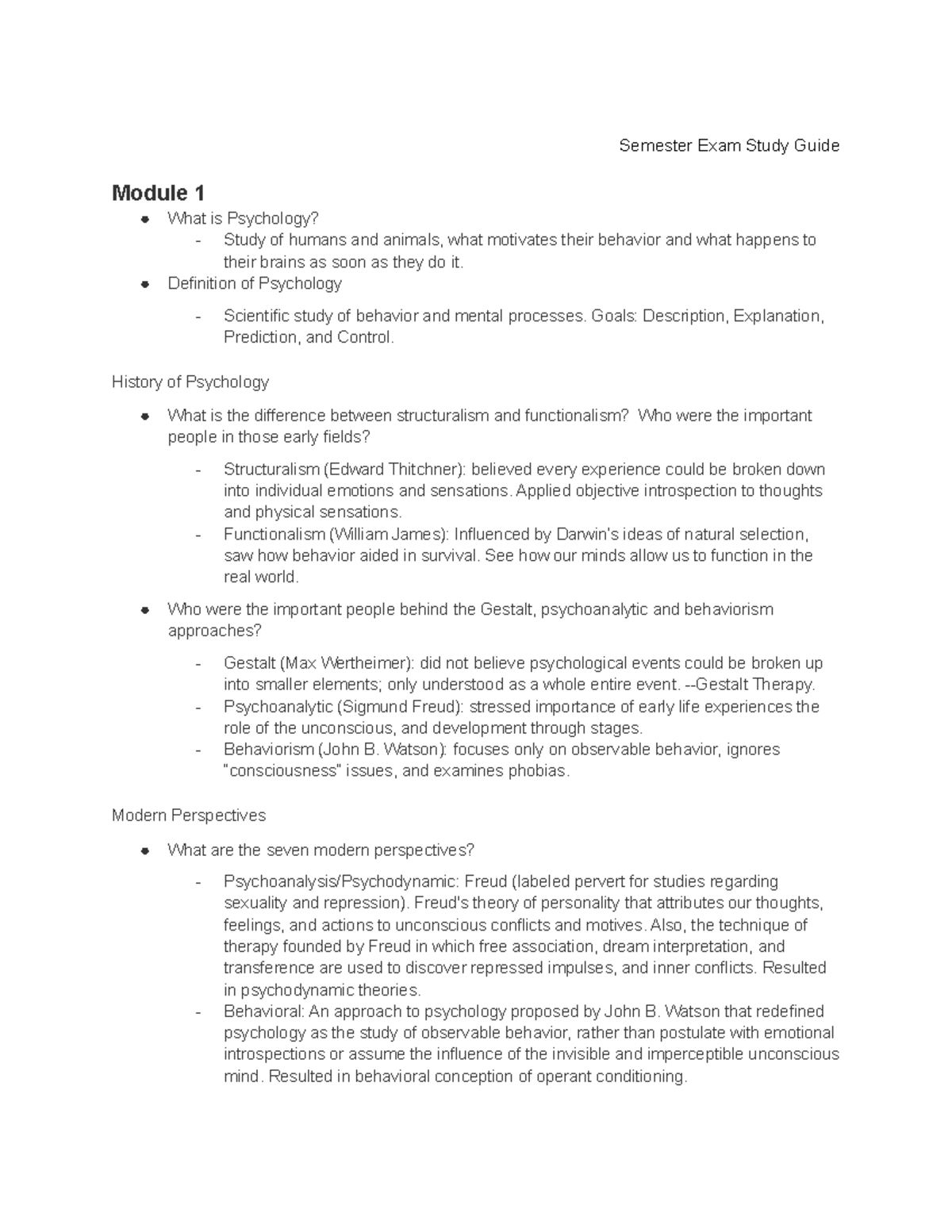 Psychology Sem. Overview - Semester Exam Study Guide Module 1 What is ...