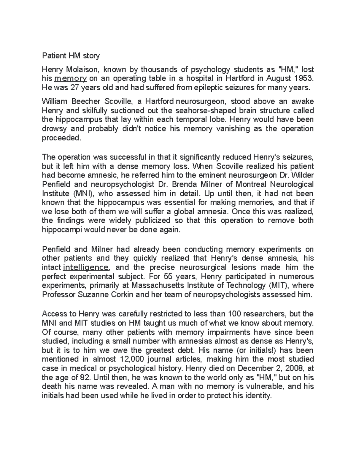 Patient HM story - A lecture about psychology - Patient HM story Henry ...