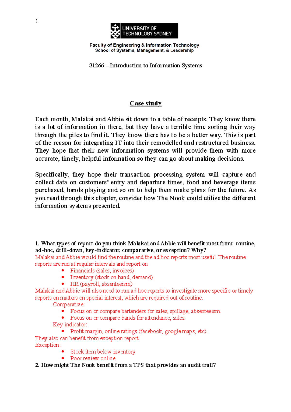 31266 Tutorial 3 Answers 2019 - 1 31266 – Introduction to Information Systems Case study Each ...