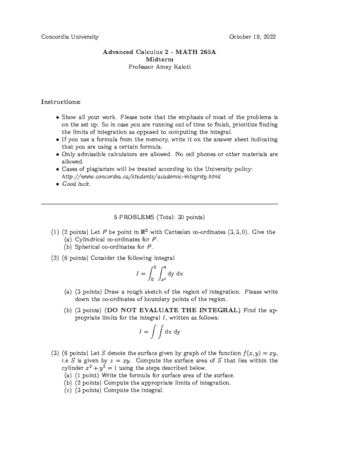Midterm Math 265 A Fall 2022 - Concordia University October 19, 2022 ...