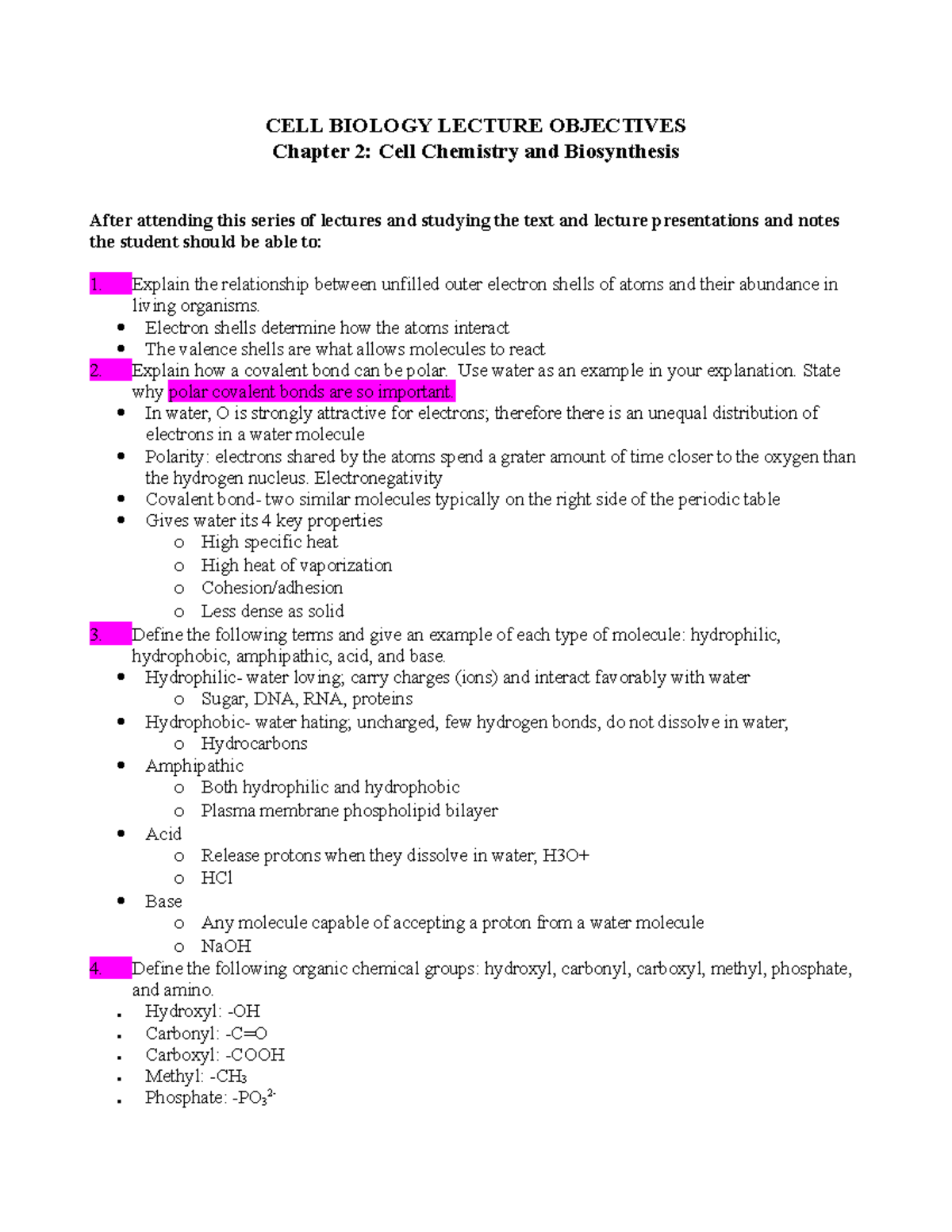 CH 02 Objectives 2015 - Summary Molecular Biology of the Cell - CELL ...