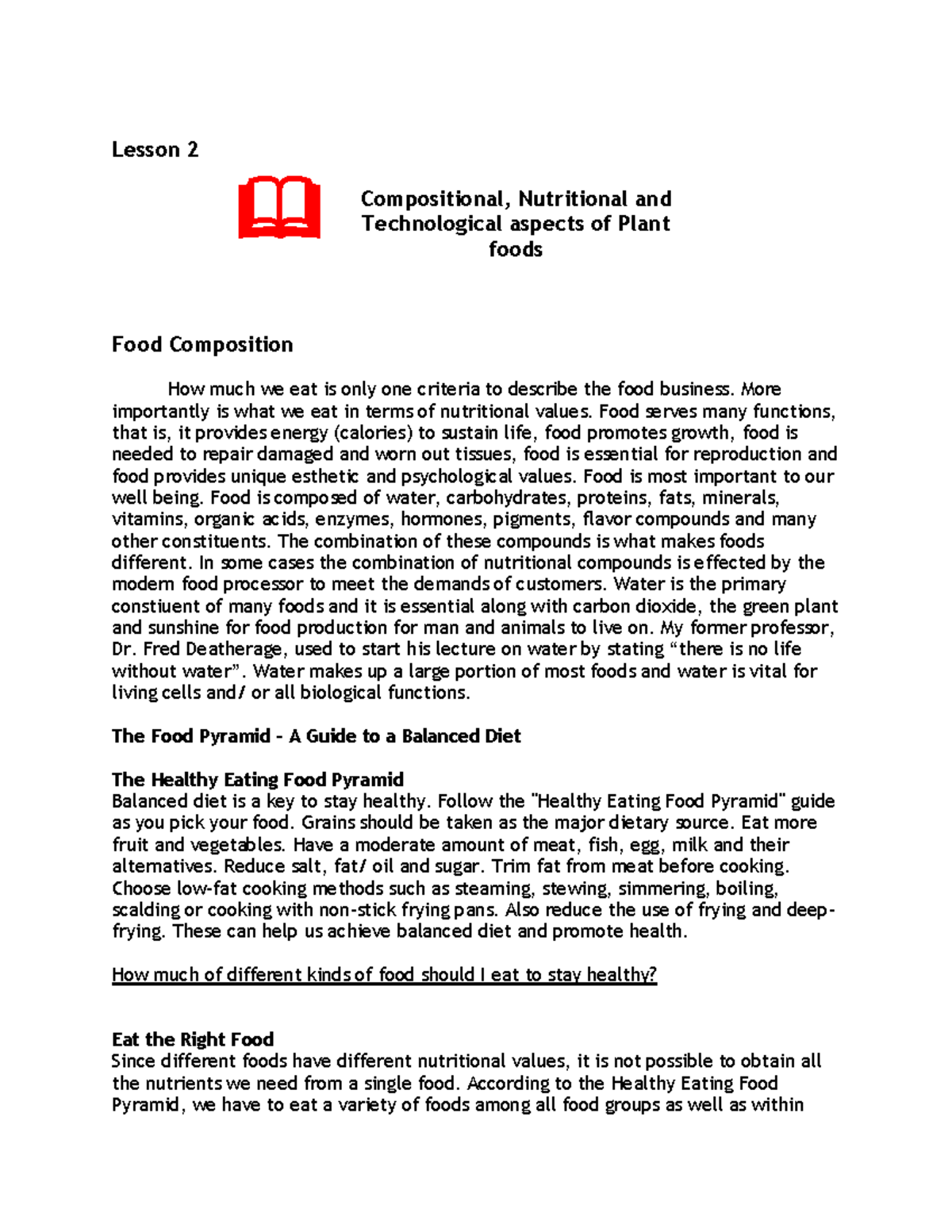 CNT aspects of Plant foods - Lesson 2 Food Composition How much we eat ...