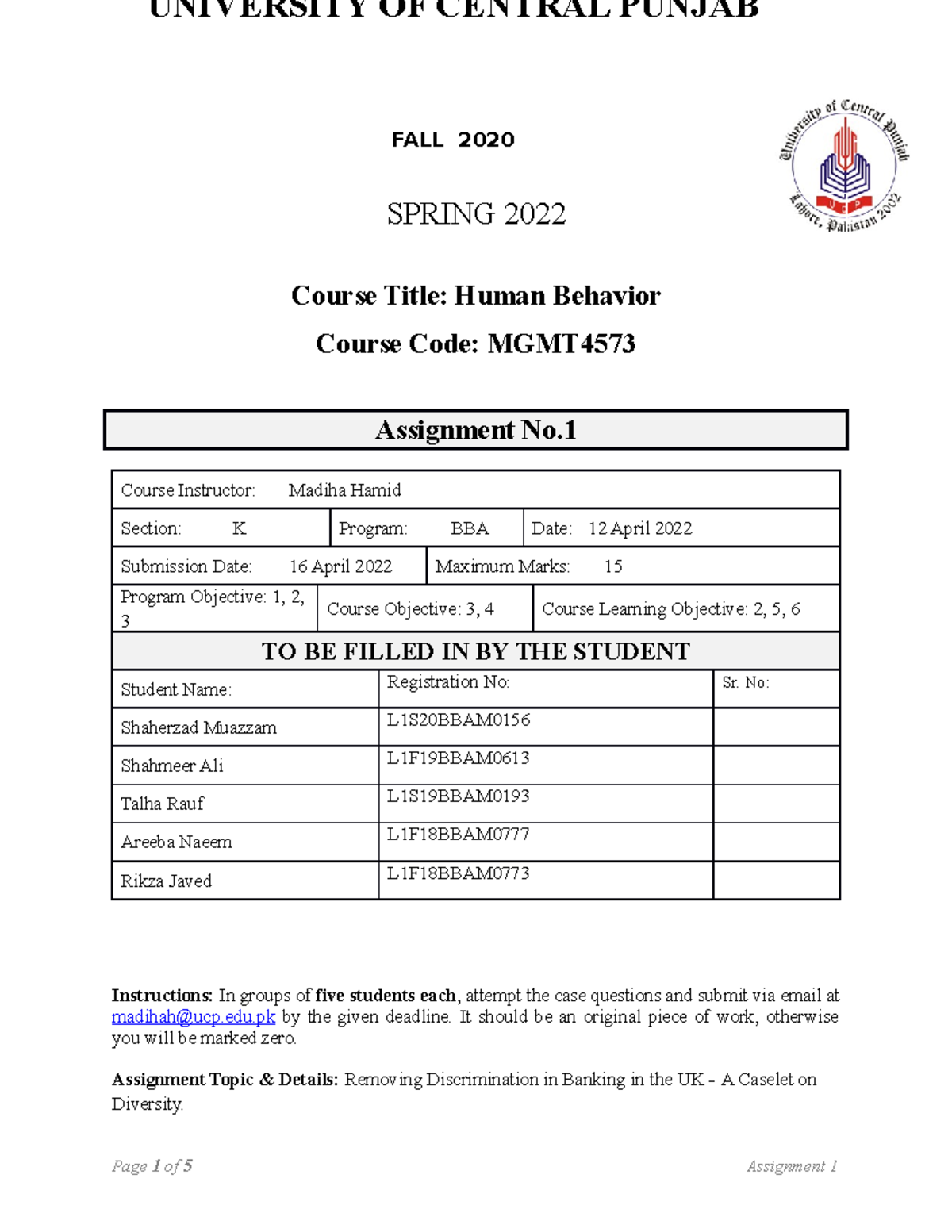 Assignment 1 HB K Solved - UNIVERSITY OF CENTRAL PUNJAB FALL 2020 ...
