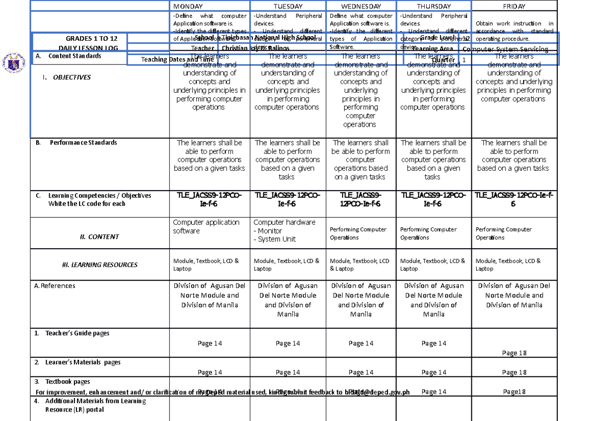 NEW Daily Lesson LOG CSS week 8 - For improvement, enhancement and/ or ...