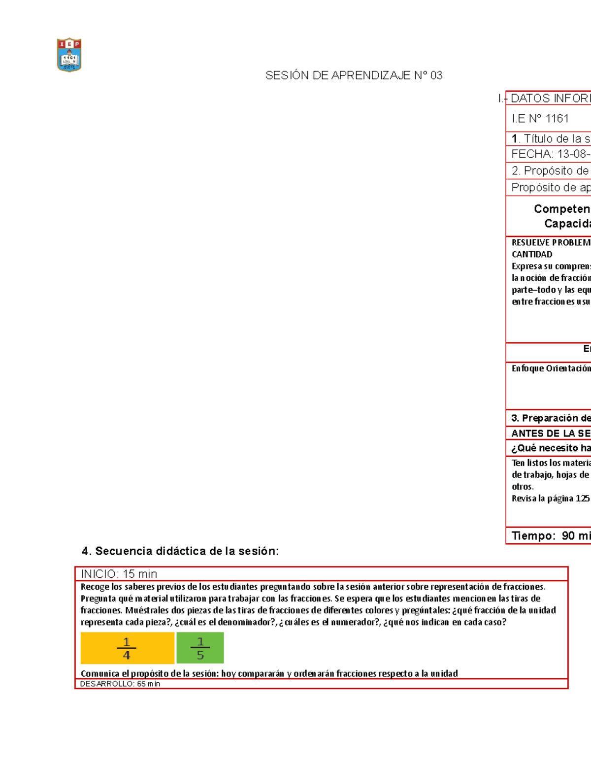 437656749 comparamos y ordenamos fracciones - SESIÓN DE APRENDIZAJE N° 03 I.- DATOS INFORM I N ...