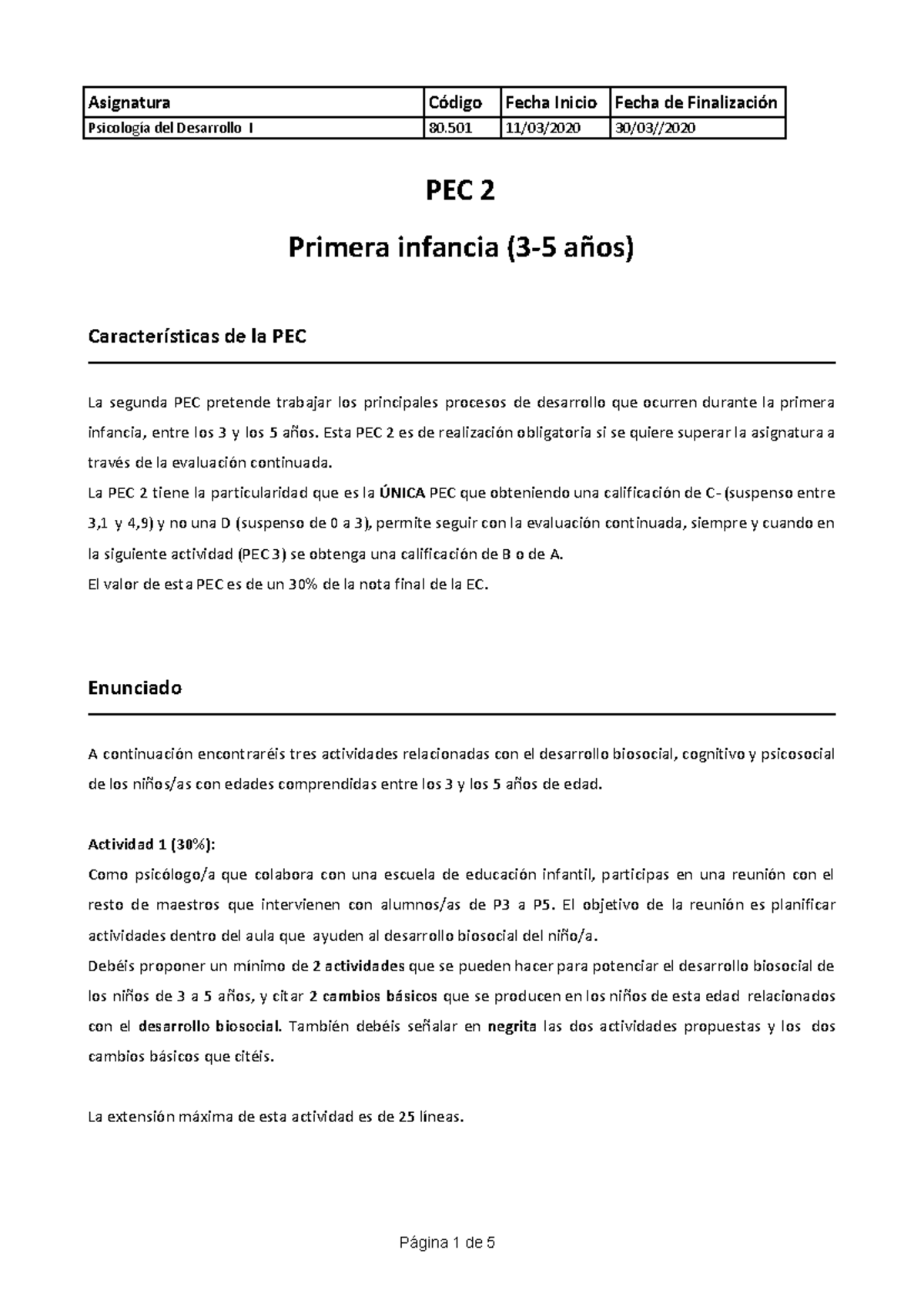 Enunciados PEC 2 Desarrollo Marzo 2020 - Asignatura Código Fecha Inicio Fecha de Finalización ...