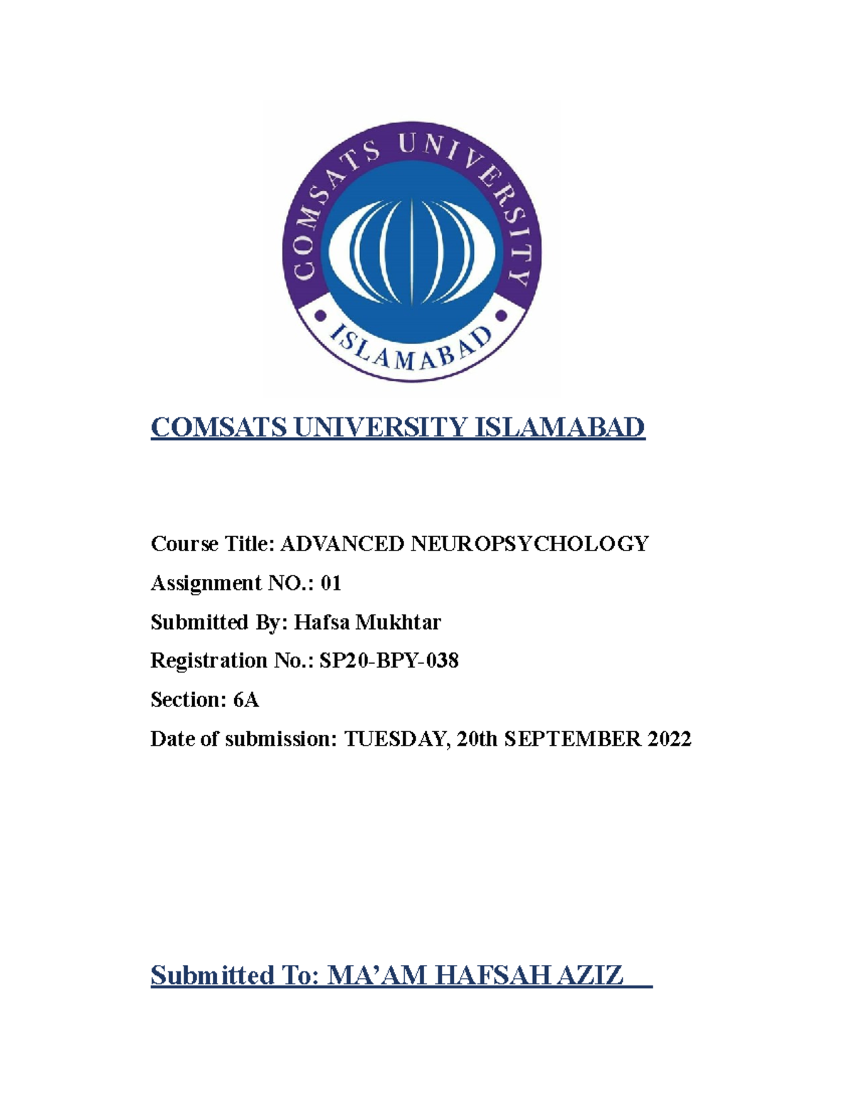 ADV. Neuro Assignment 01 - COMSATS UNIVERSITY ISLAMABAD Course Title ...