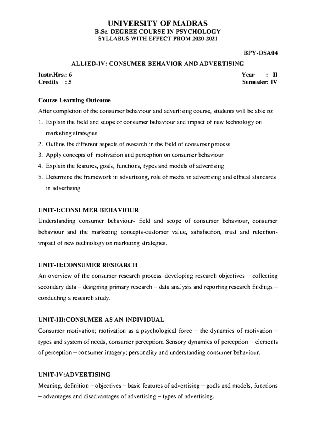 Consumer Behaviour &Adv Syllabus - UNIVERSITY OF MADRAS B. DEGREE ...