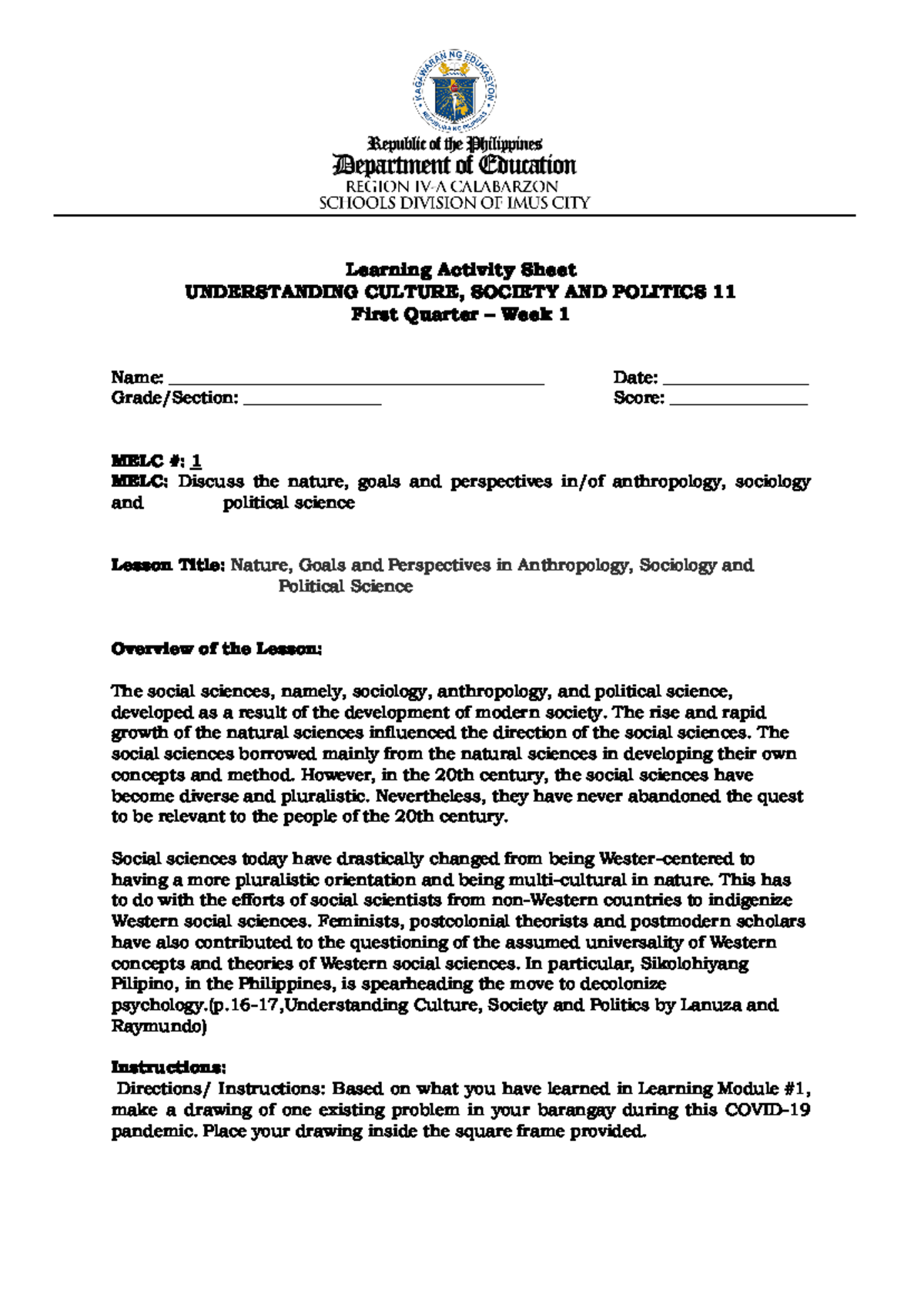 [Template] UCSP G11-12 Q1 W1 LAS - Learning Activity Sheet ...