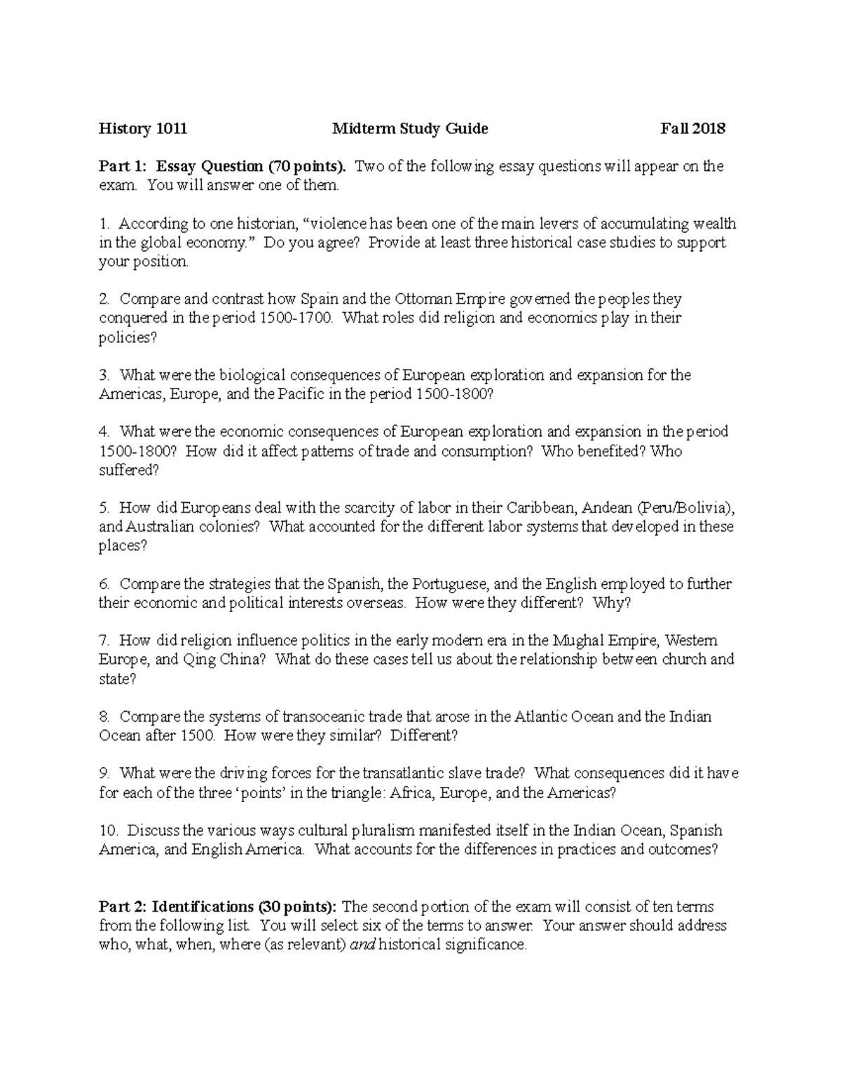 Midterm study guide 2018 - History 1011 Midterm Study Guide Fall 2018 ...
