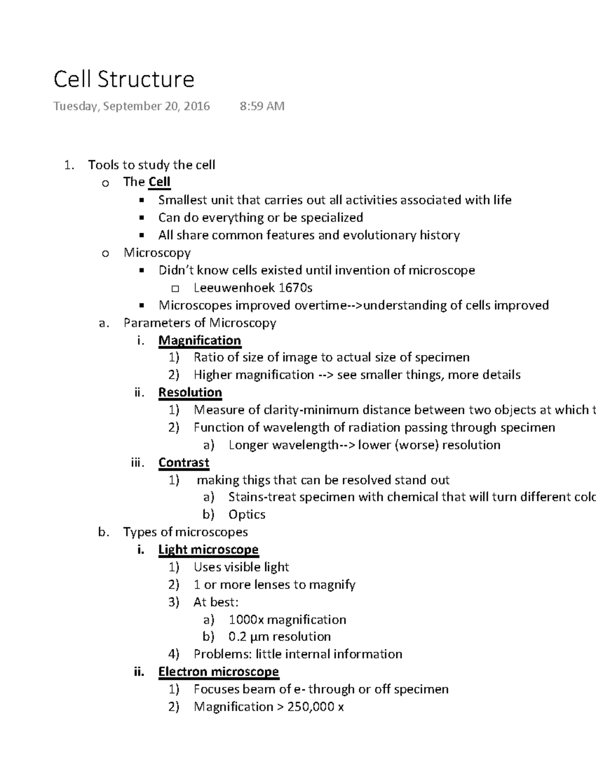 Cell Structure - Lecture notes 3 - Cell Structure Tuesday, September 20 ...