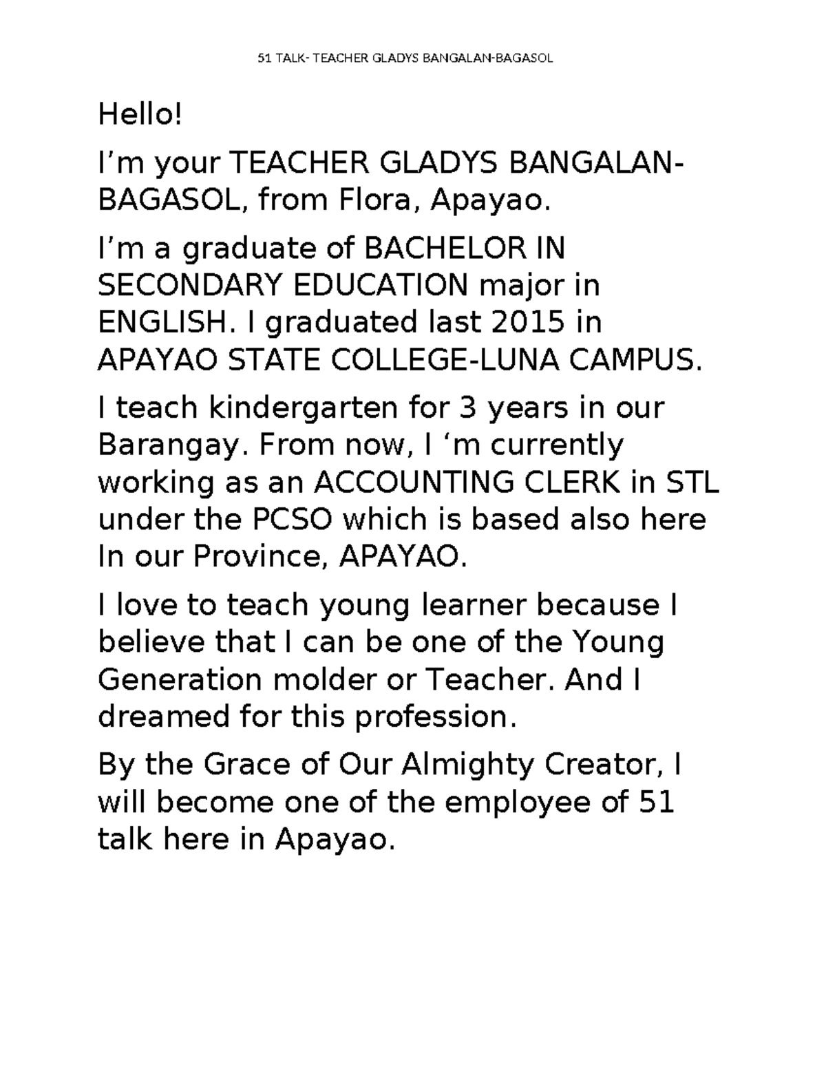 51-TALK Introduction - nith - 51 TALK- TEACHER GLADYS BANGALAN-BAGASOL ...