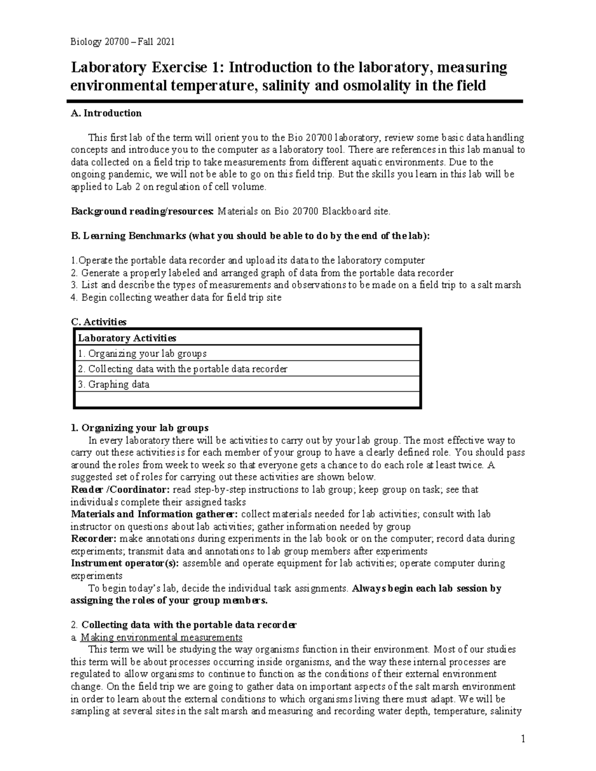 Lab 1 Bio 207 Fall 2021 - This is bio lab 1 material - Laboratory ...
