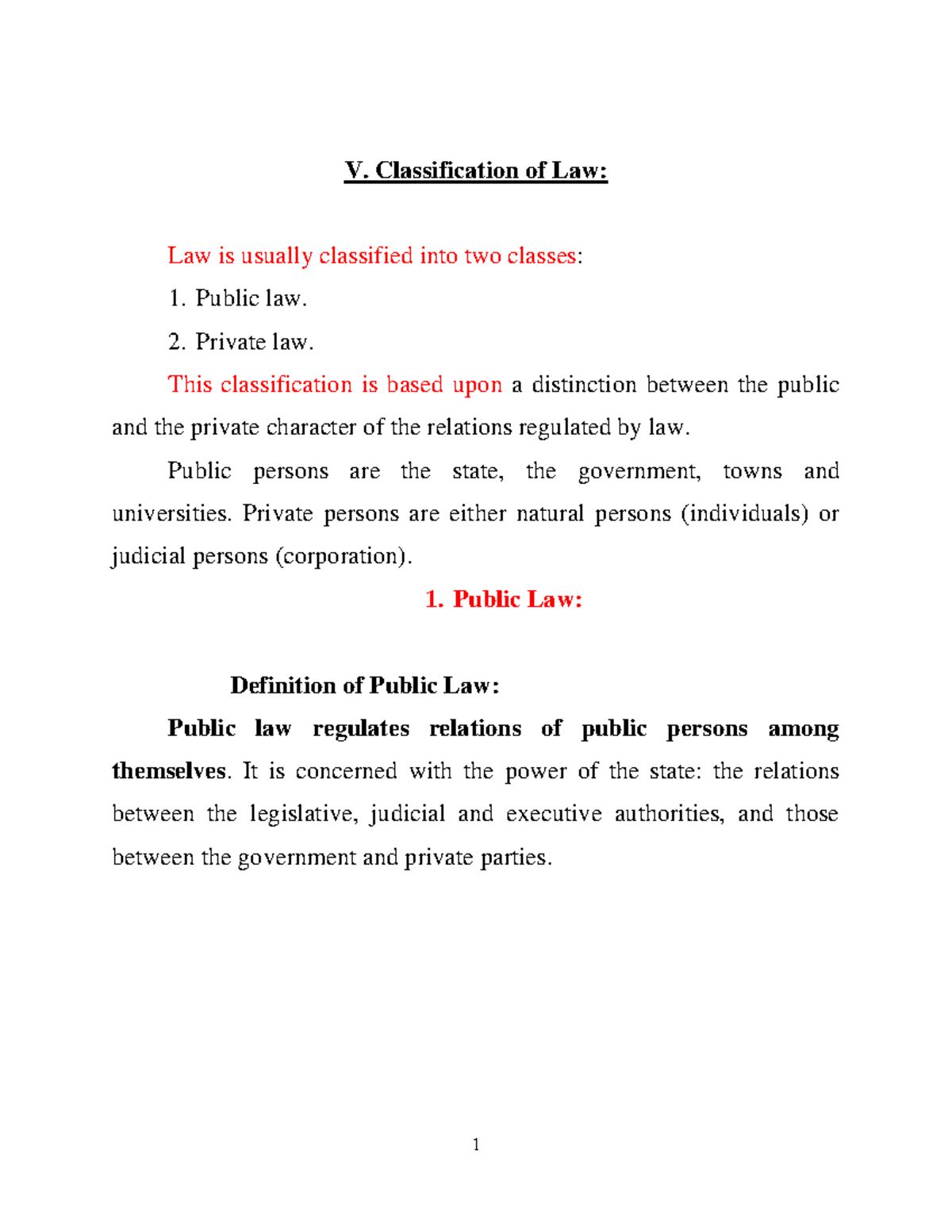 chapter 1 part 2 classification of law - V. Classification of Law: Law ...