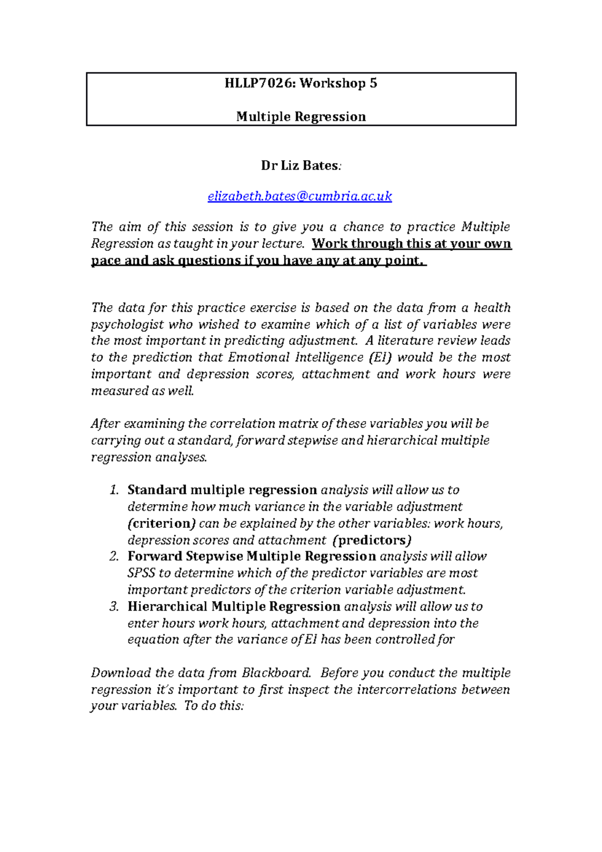 MR Workshop - Multiple regression workbook with questions and details ...