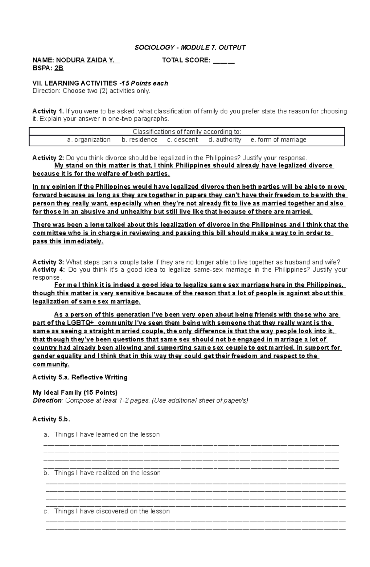Sociology 7 - SOCIOLOGY - MODULE 7. OUTPUT NAME: NODURA ZAIDA Y. TOTAL ...