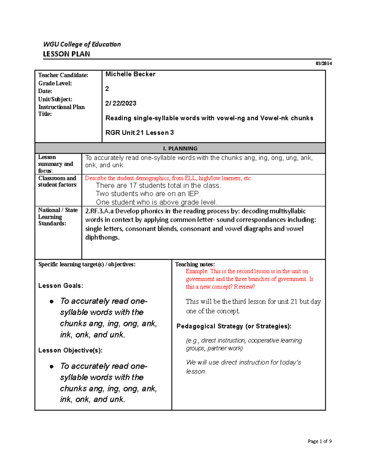 Lesson plan D152 - WGU College of Education LESSON PLAN 03/ Teacher ...