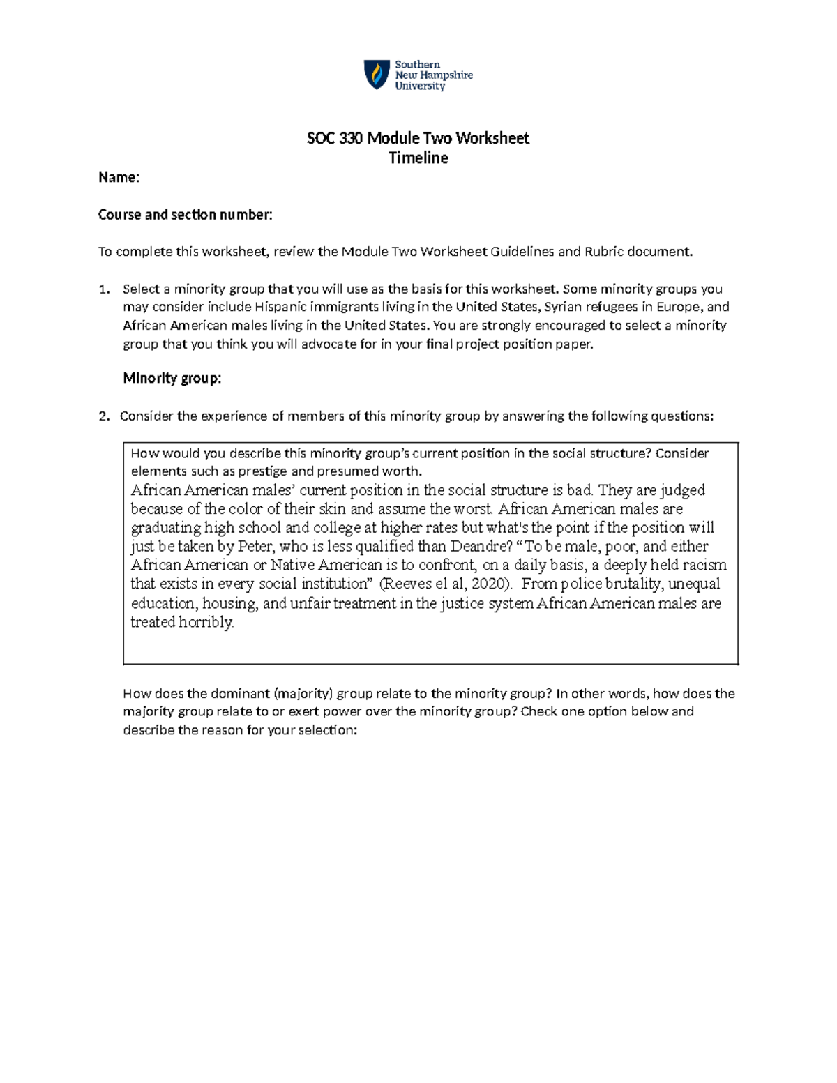 SOC 330 MOD 2 Worksheet - SOC 330 MOD 2 - SOC 330 Module Two Worksheet ...